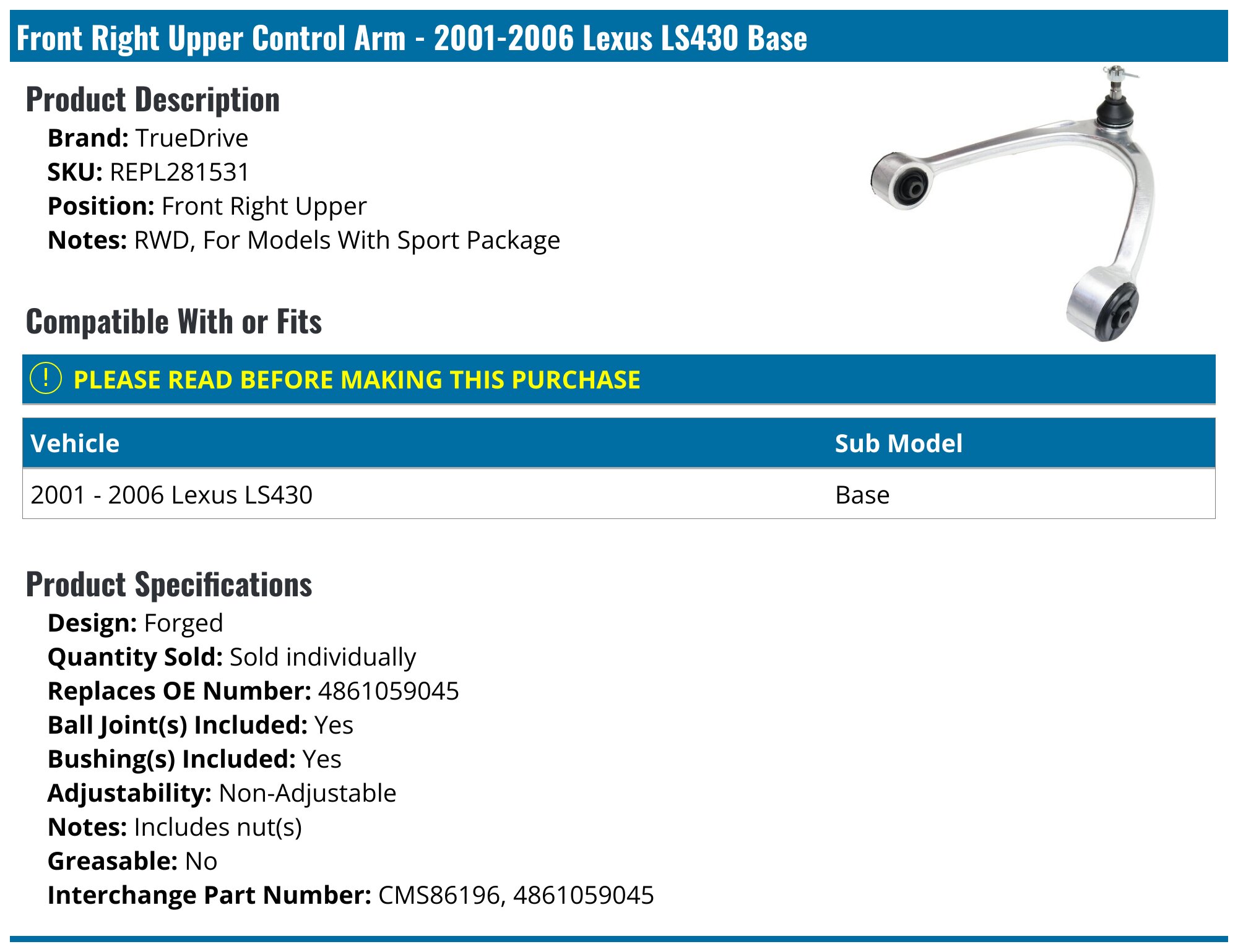2001-2006 Lexus LS430 Control Arm - TrueDrive REPL281531 - Front Right ...