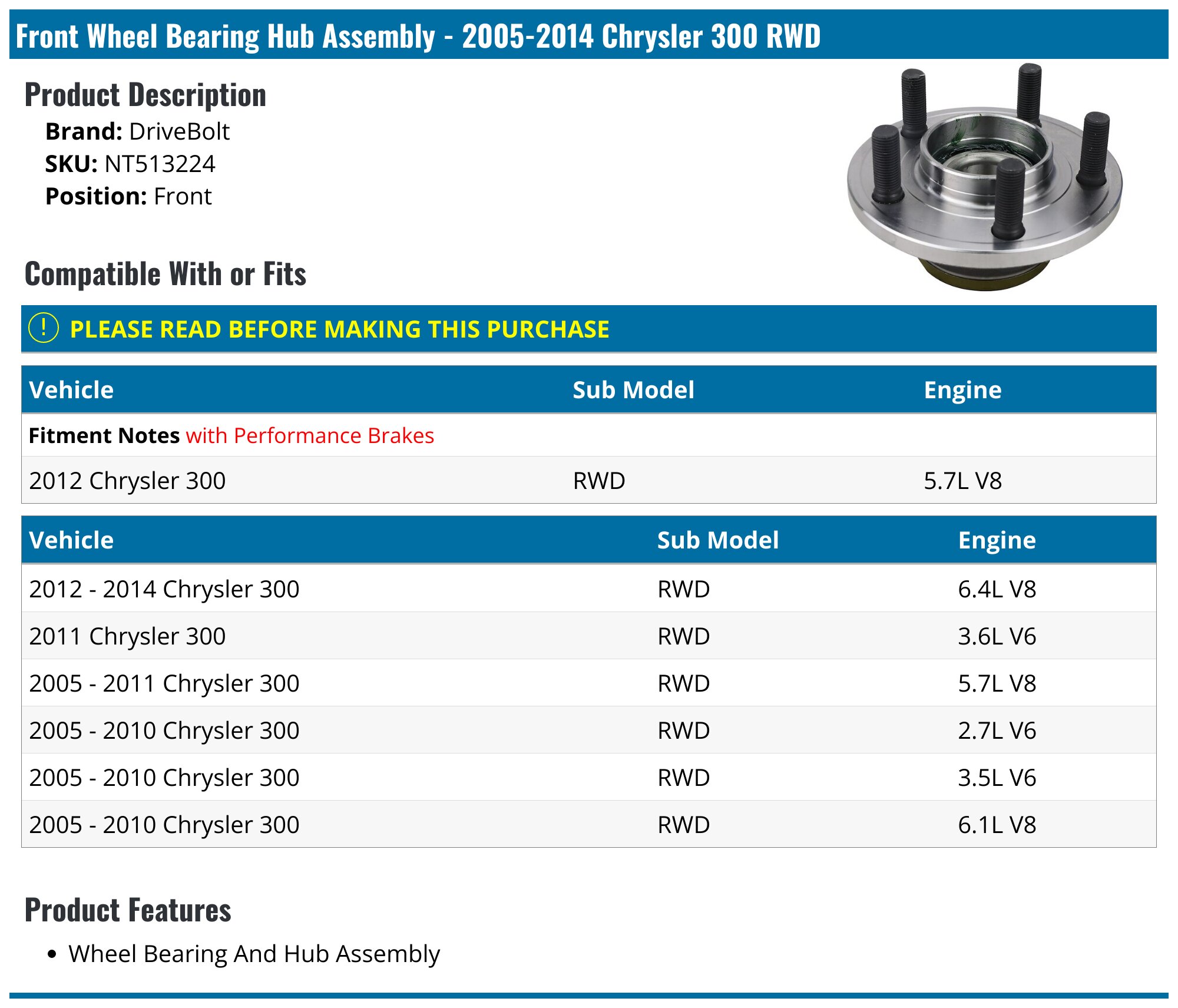 2005-2014 Chrysler 300 Wheel Hub Assembly - DriveBolt NT513224 - Front ...