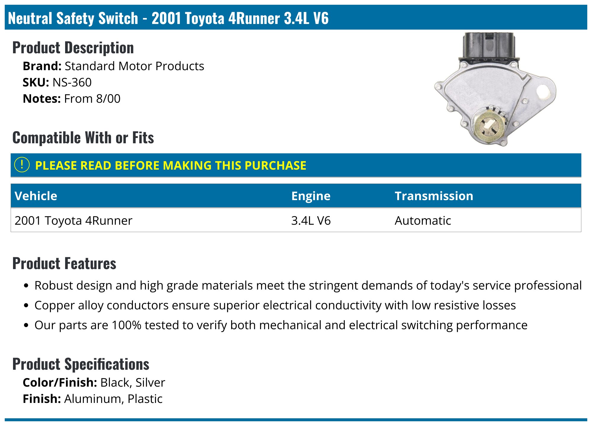 2001 Toyota 4Runner Neutral Safety Switch - Standard Motor Products NS ...