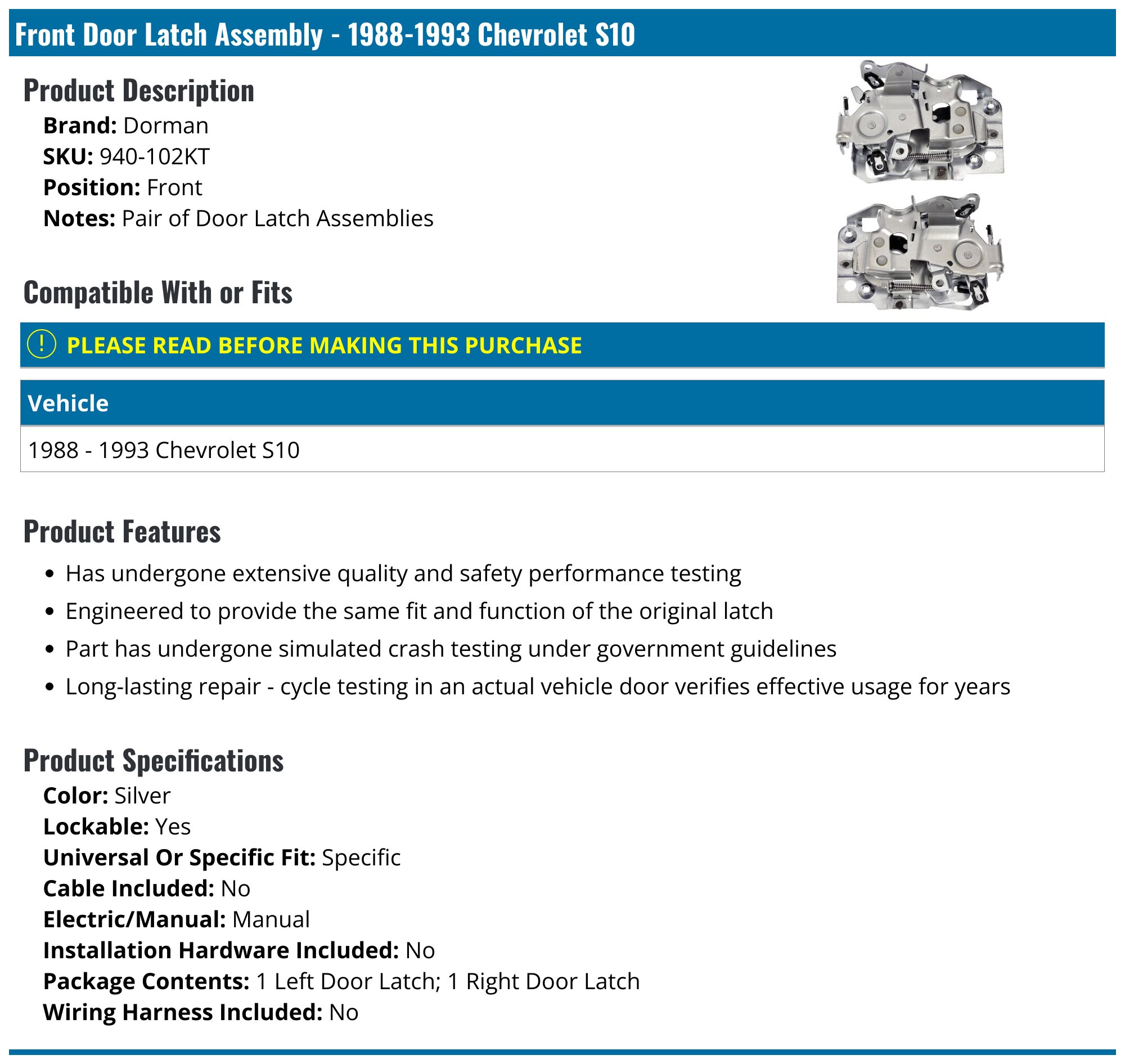 1988-1993 Chevrolet S10 Door Latch Assembly - Dorman 940-102KT - Front ...