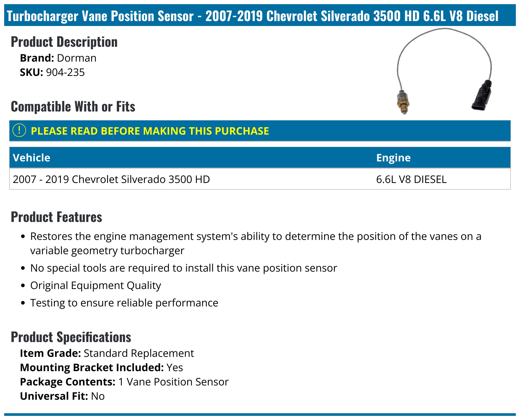 2007-2019 Chevrolet Silverado 3500 HD Turbocharger Vane Position Sensor ...