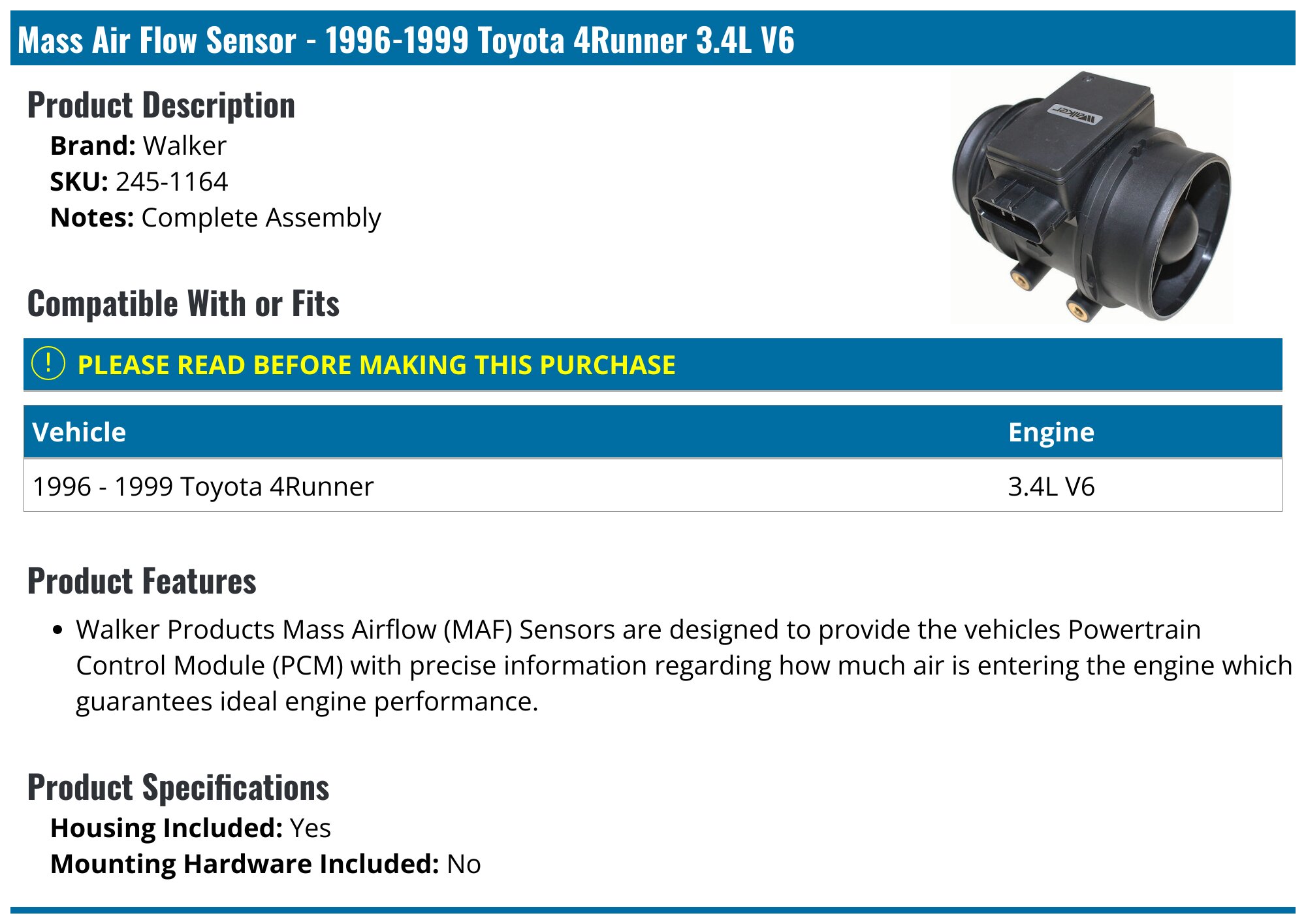 1996-1999 Toyota 4Runner Air Mass Sensor - Walker 245-1164 - PartsGeek.com