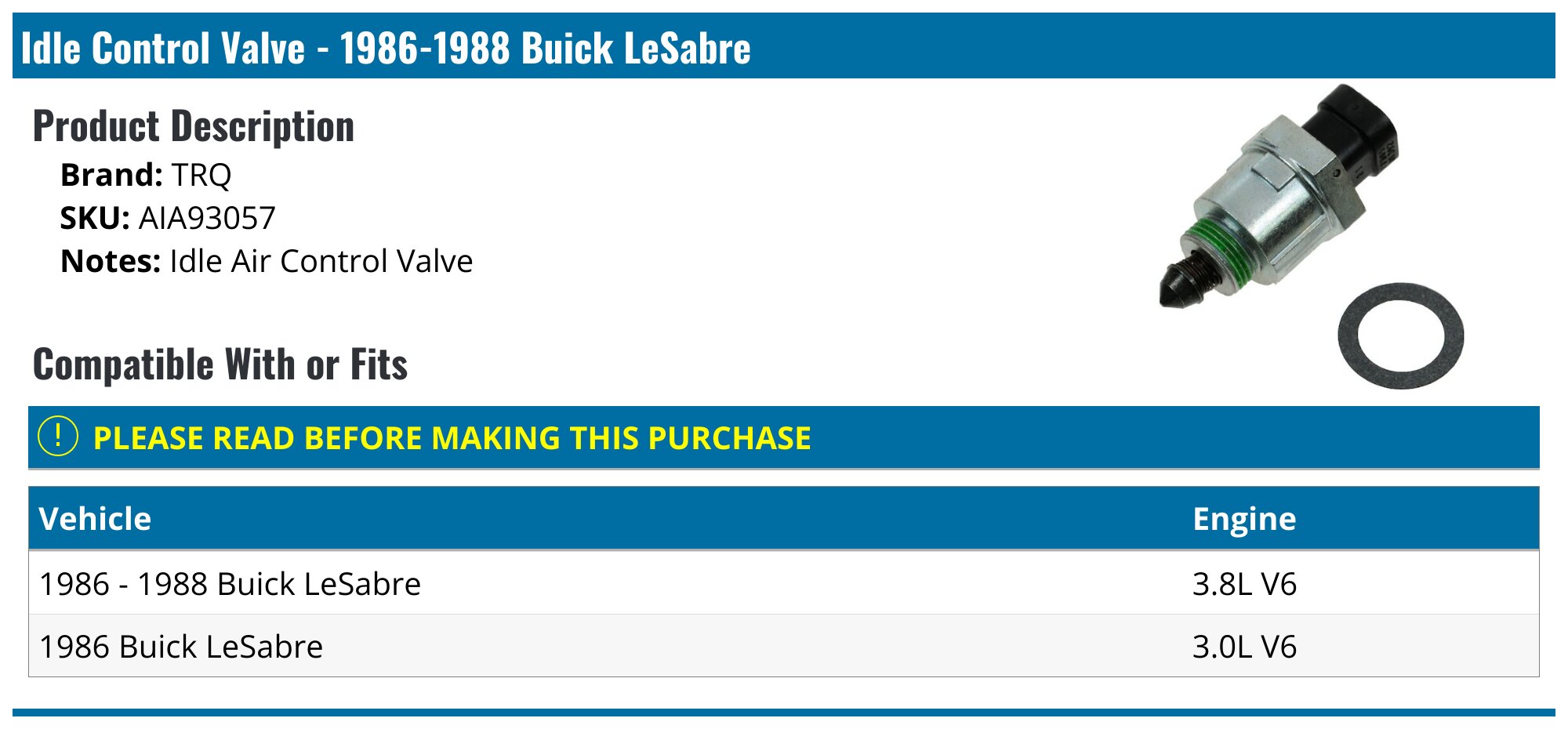 1986 1988 Buick Lesabre Idle Control Valve Trq Aia93057 Partsgeek