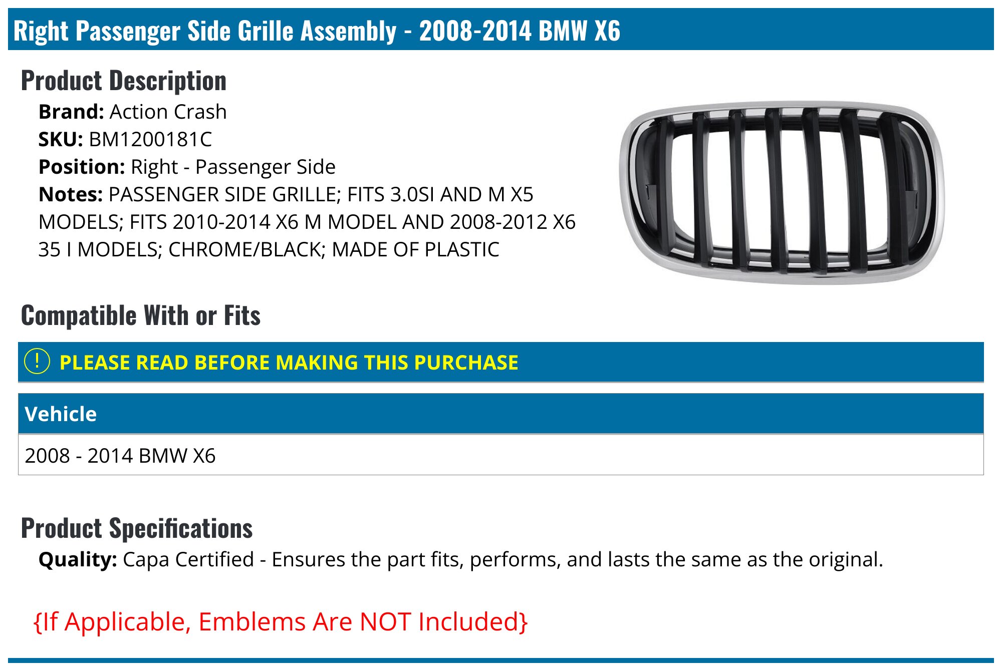 2008-2014 BMW X6 Grille Assembly - Action Crash BM1200181C - Right ...
