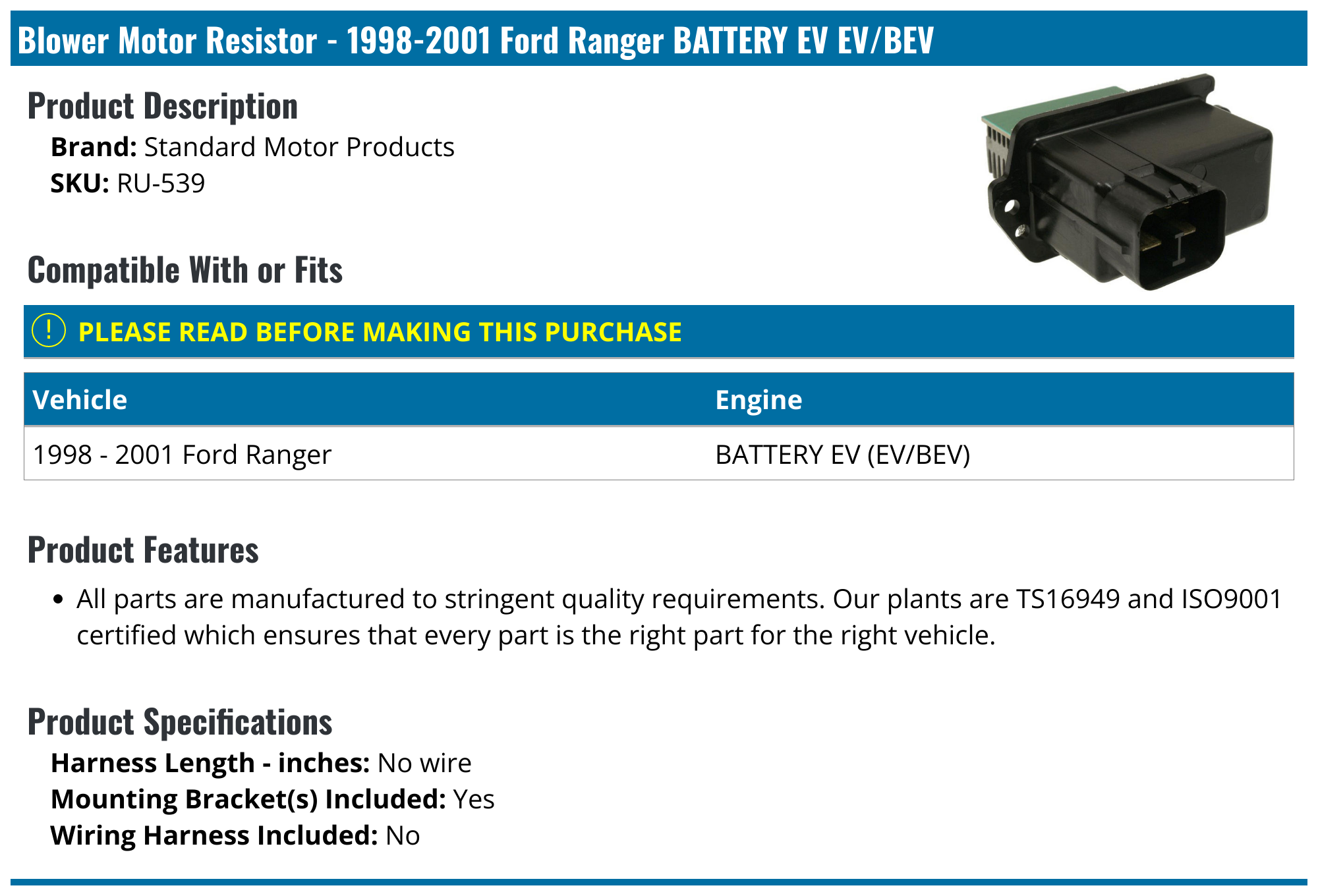 1998-2001 Ford Ranger Blower Motor Resistor - Standard Motor Products ...