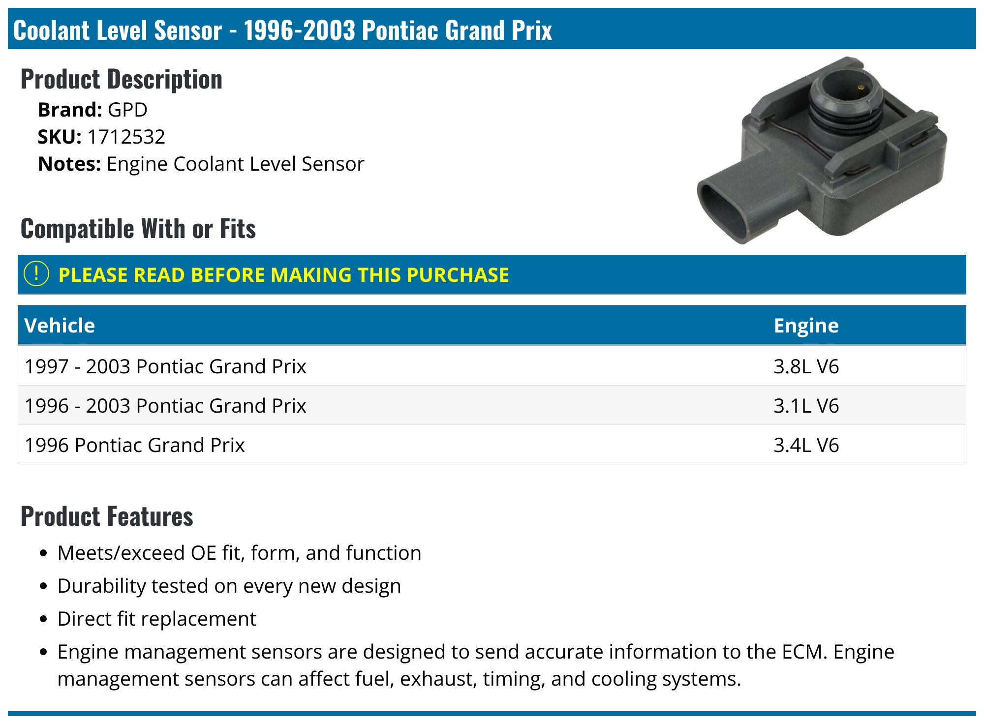 1991-2003 Pontiac Grand Prix Coolant Level Sensor - GPD 1712532 ...