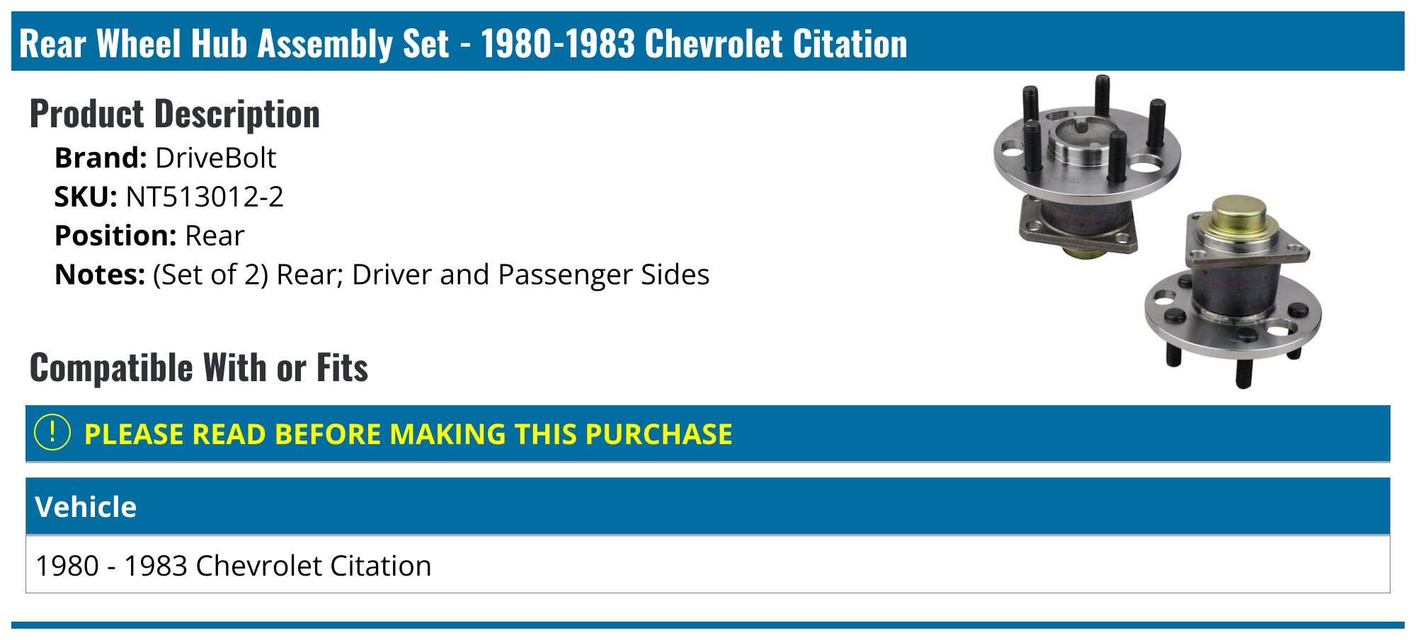 1980-1983 Chevrolet Citation Wheel Hub Assembly - DriveBolt NT513012-2 ...