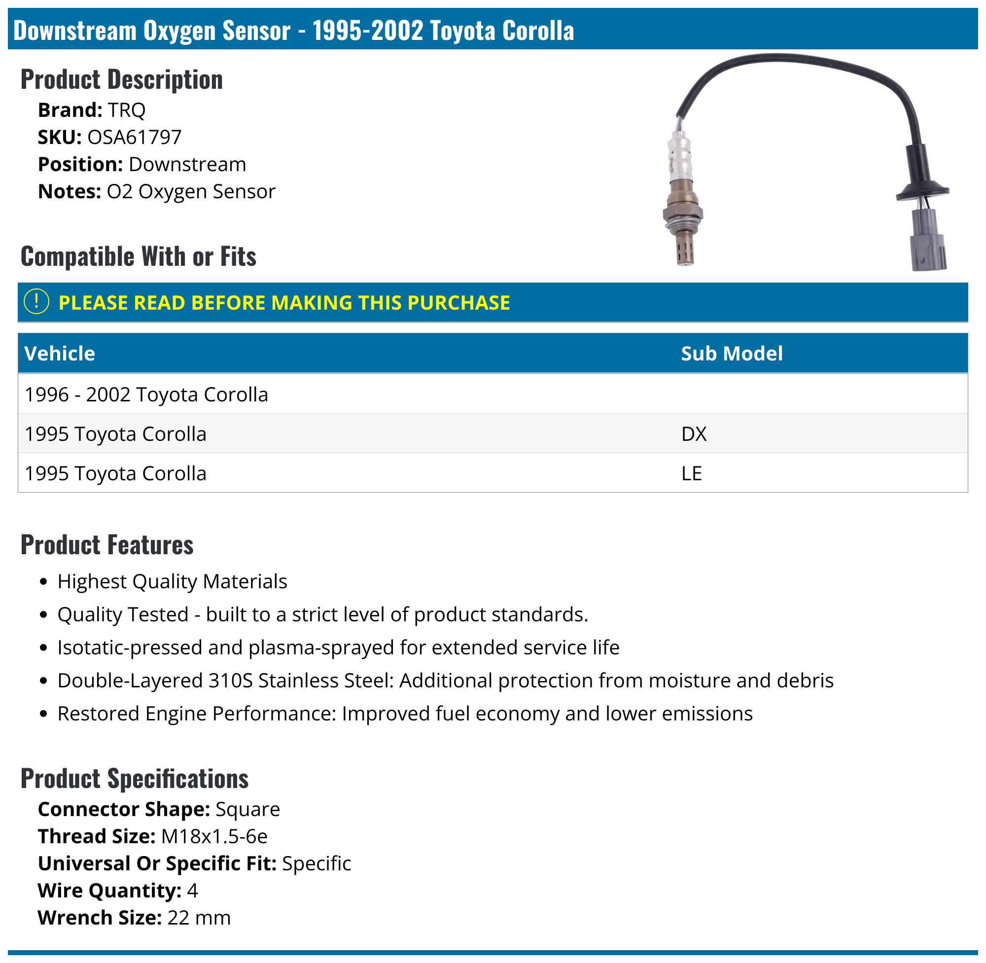1995-2002 Toyota Corolla Oxygen Sensor - TRQ OSA61797 - Downstream ...