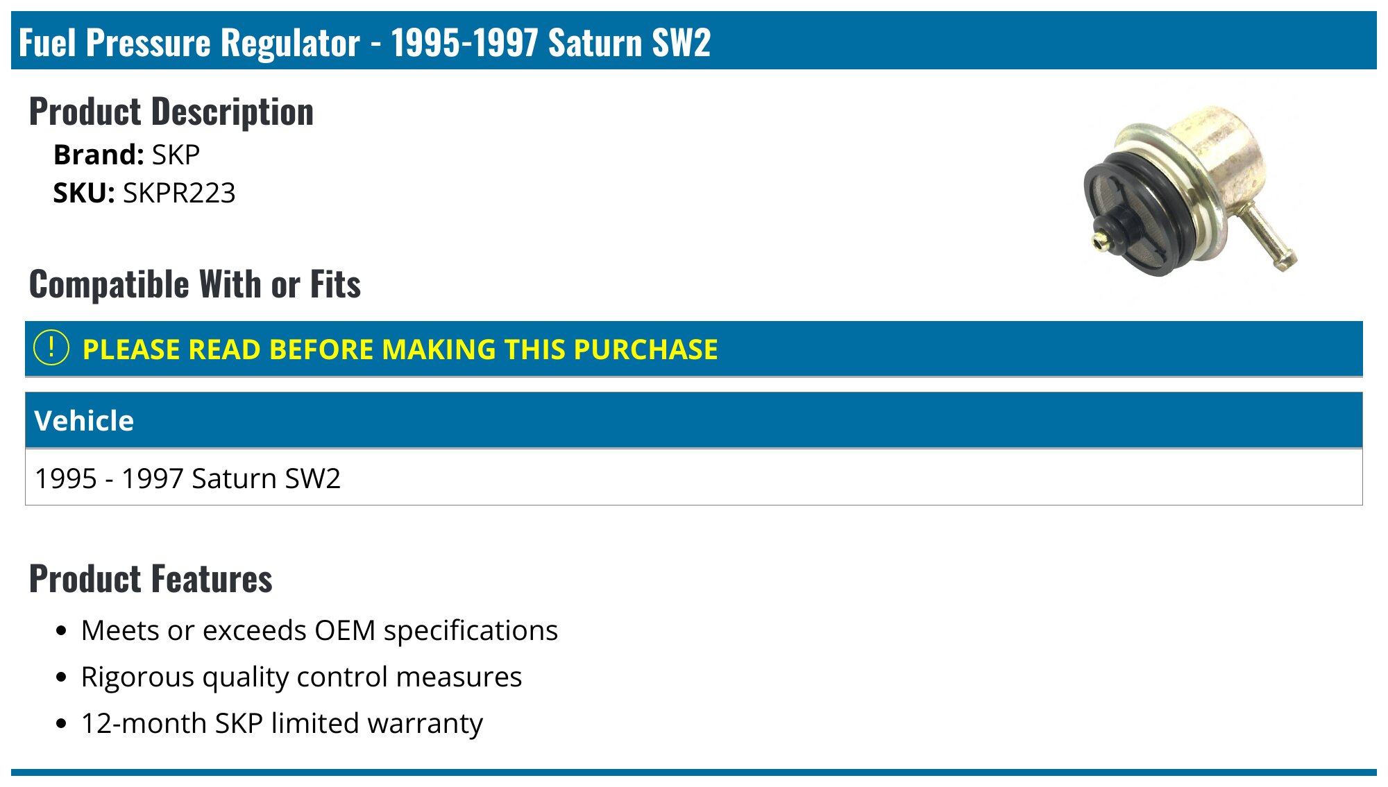 1995-1997 Saturn SW2 Fuel Pressure Regulator - SKP SKPR223 - PartsGeek.com