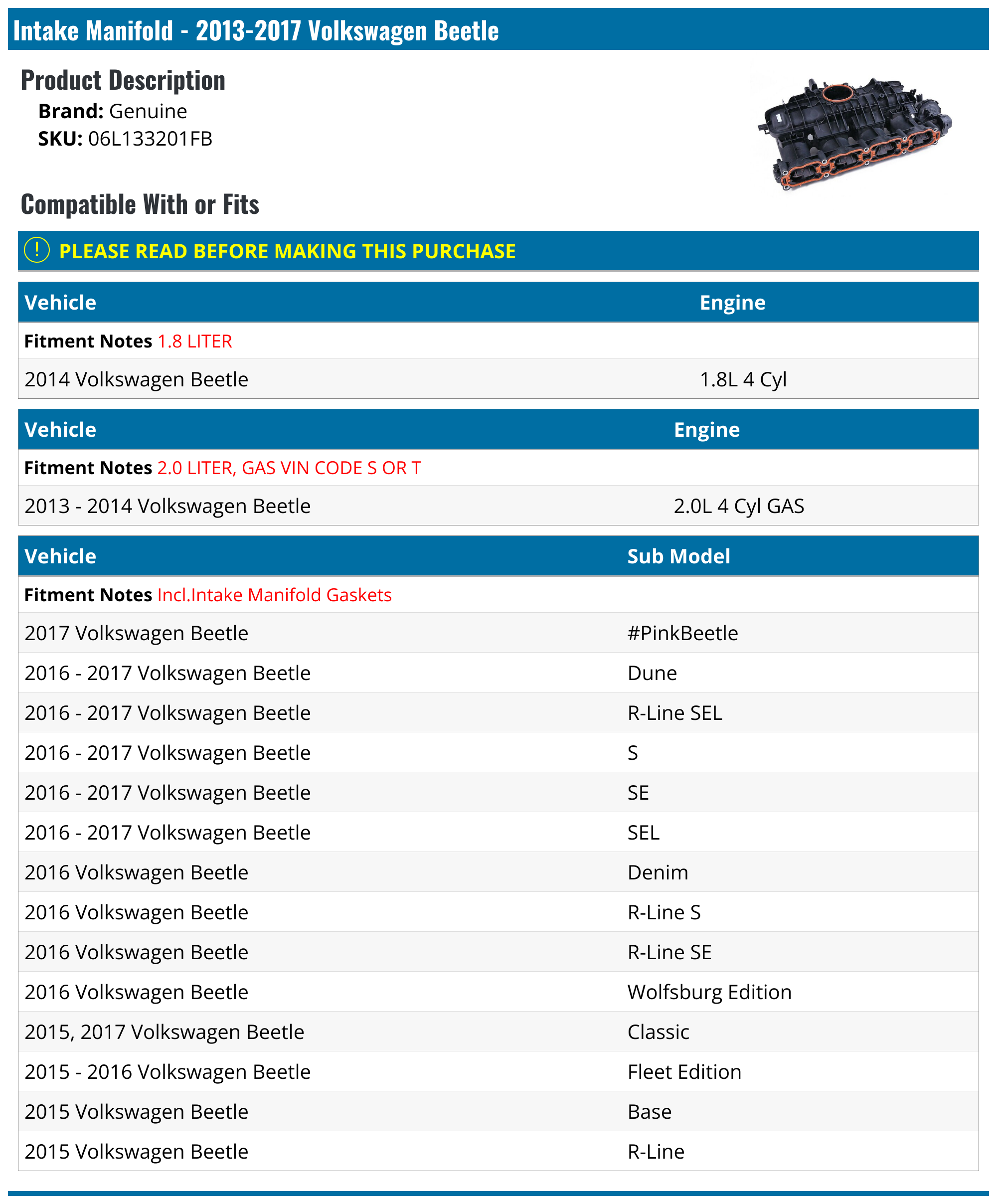 2013-2017 Volkswagen Beetle Intake Manifold - Genuine 06L133201FB ...