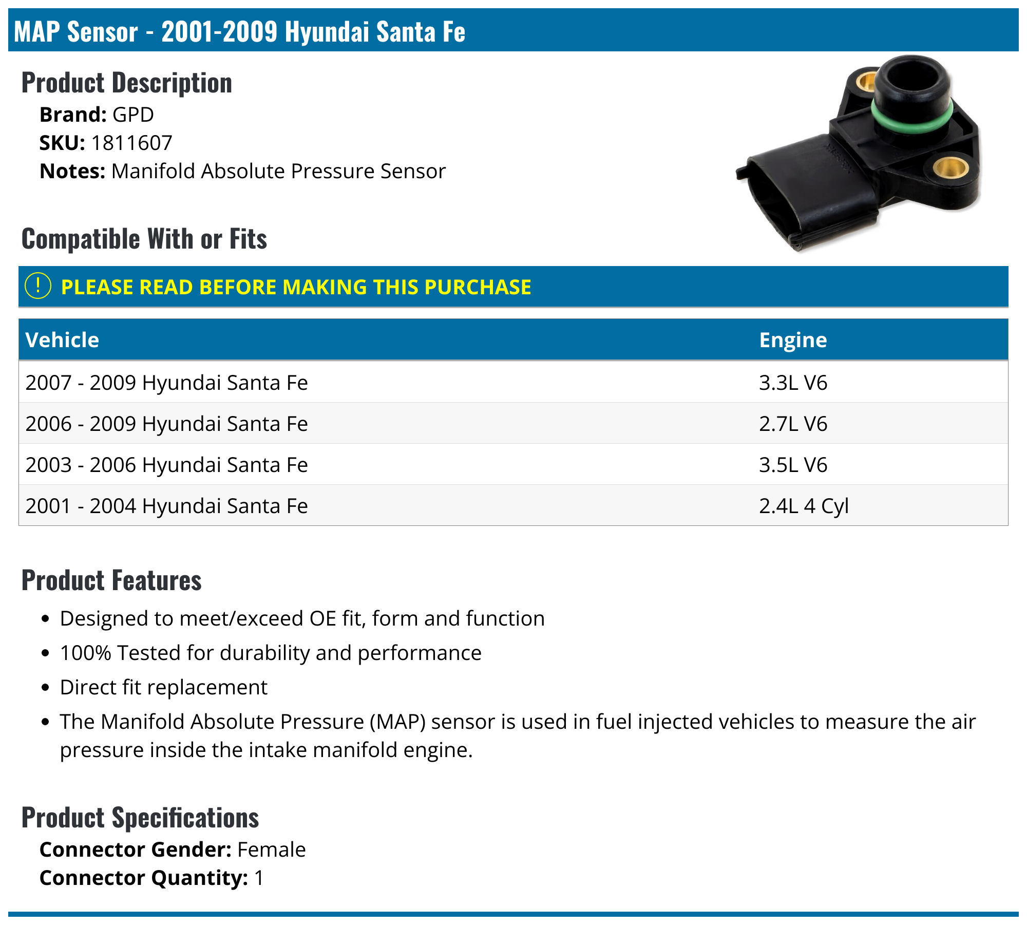 2001-2009 Hyundai Santa Fe MAP Sensor - GPD 1811607 - PartsGeek.com