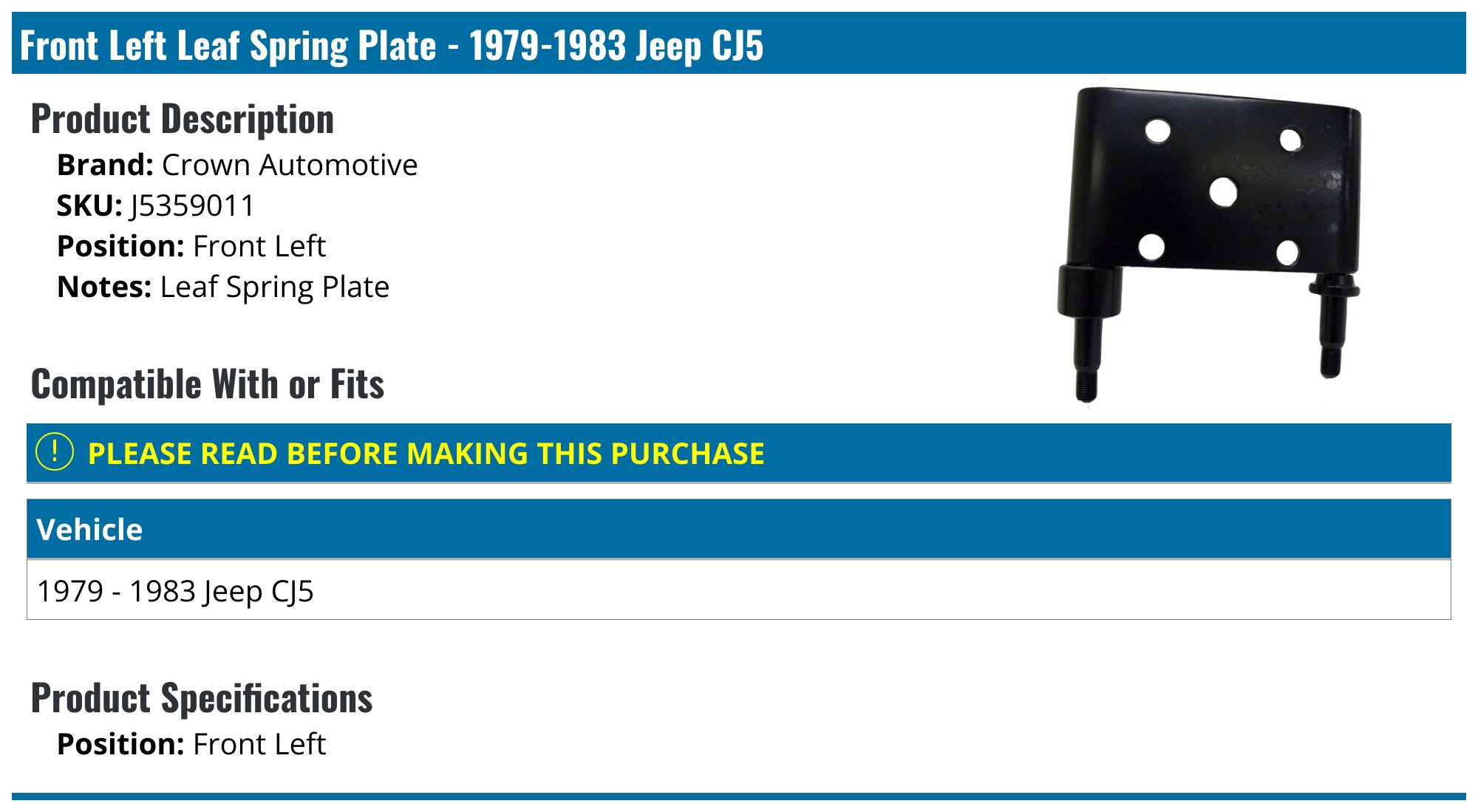 1979-1983 Jeep CJ5 Leaf Spring Plate - Crown Automotive J5359011 ...