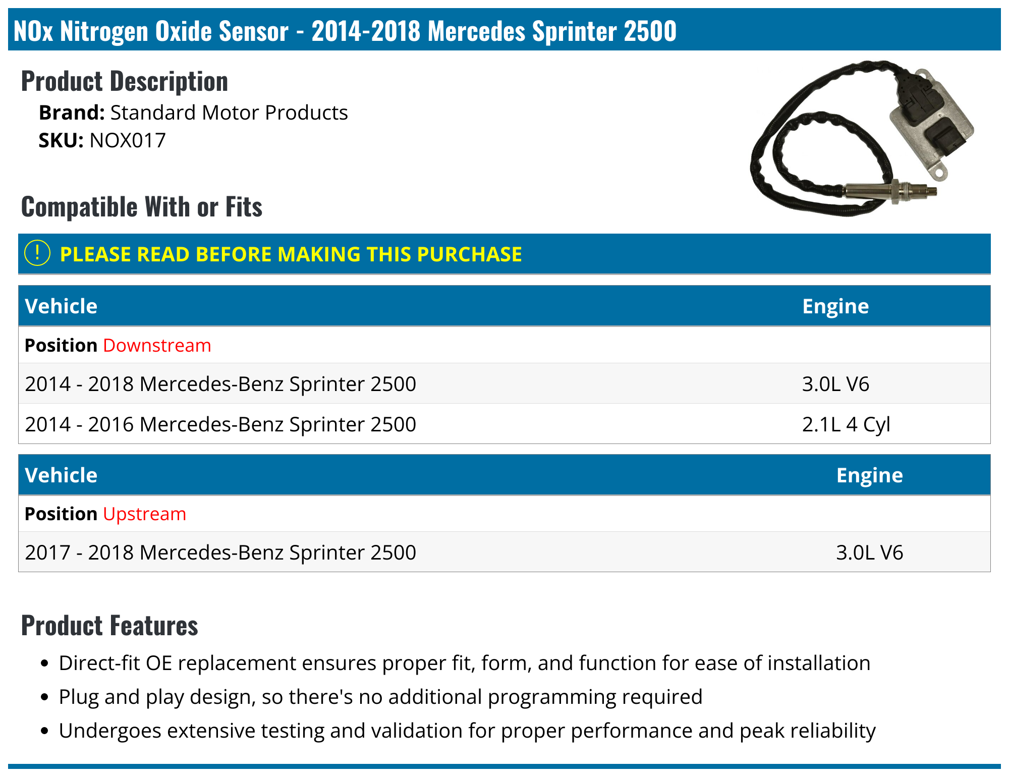 2014-2018 Mercedes Sprinter 2500 NOx (Nitrogen Oxide) Sensor - Standard ...