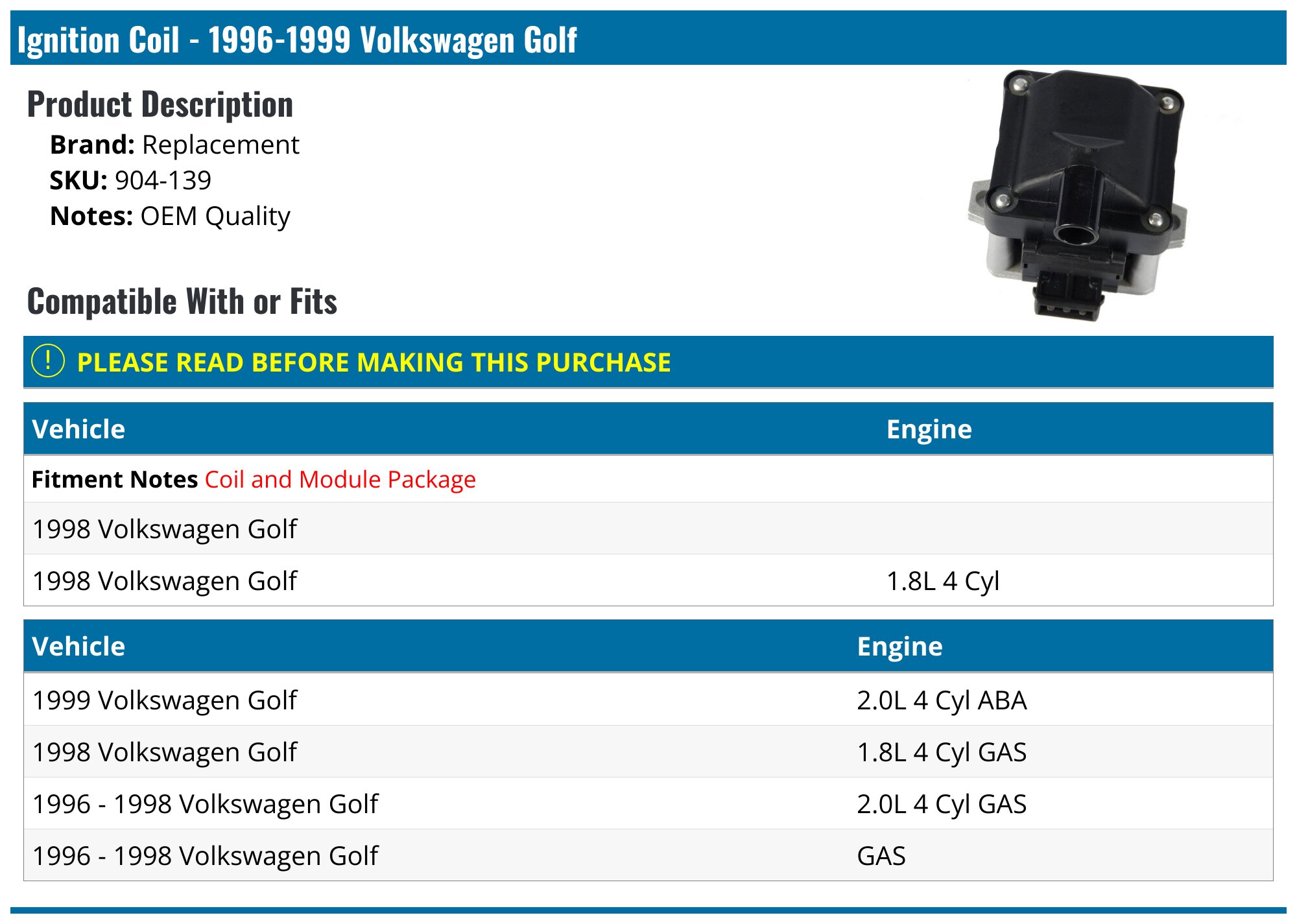 1996-1999 Volkswagen Golf Ignition Coil - Replacement 904-139 ...