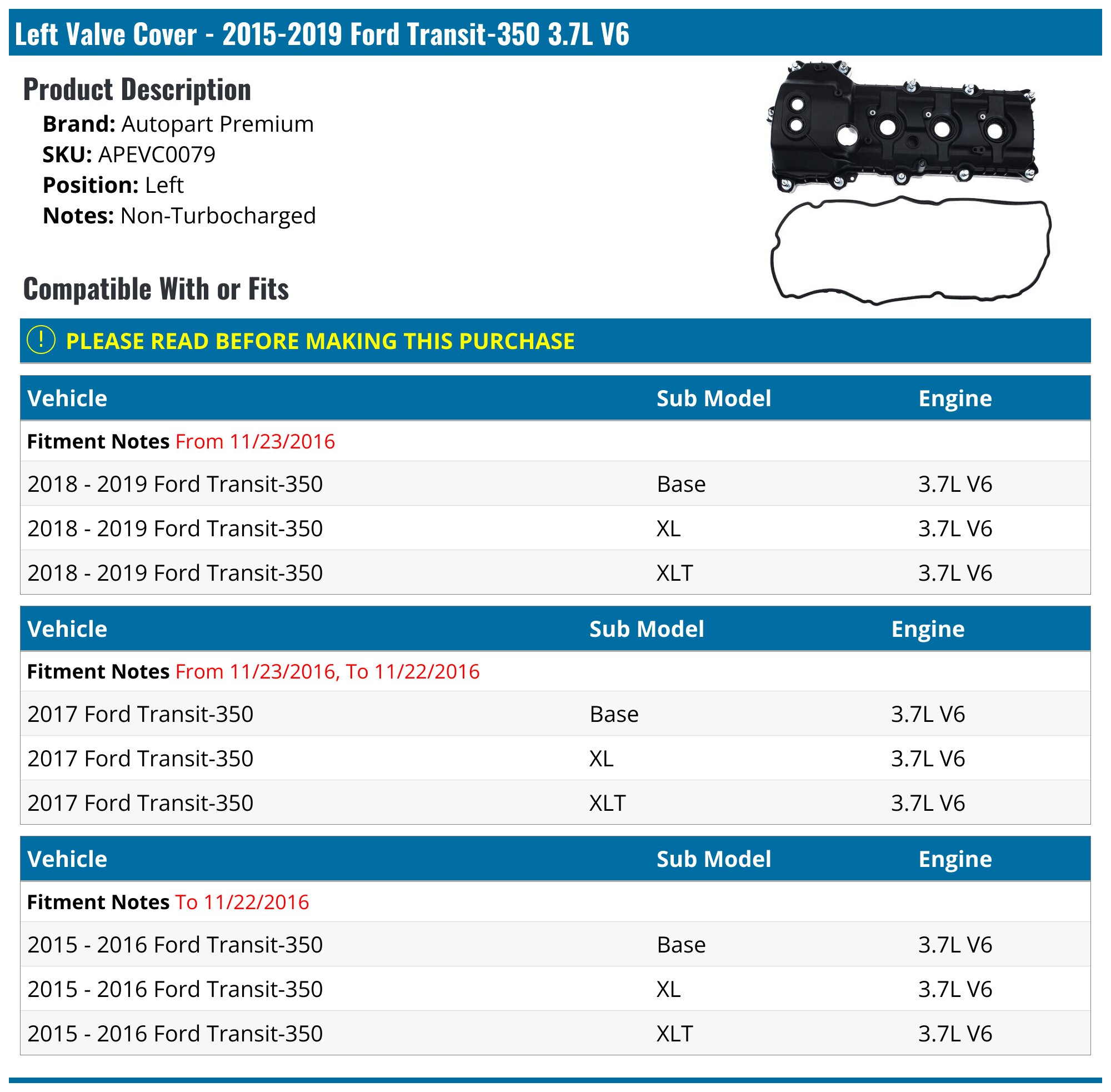 2015-2019 Ford Transit-350 Valve Cover - Autopart Premium APEVC0079 ...