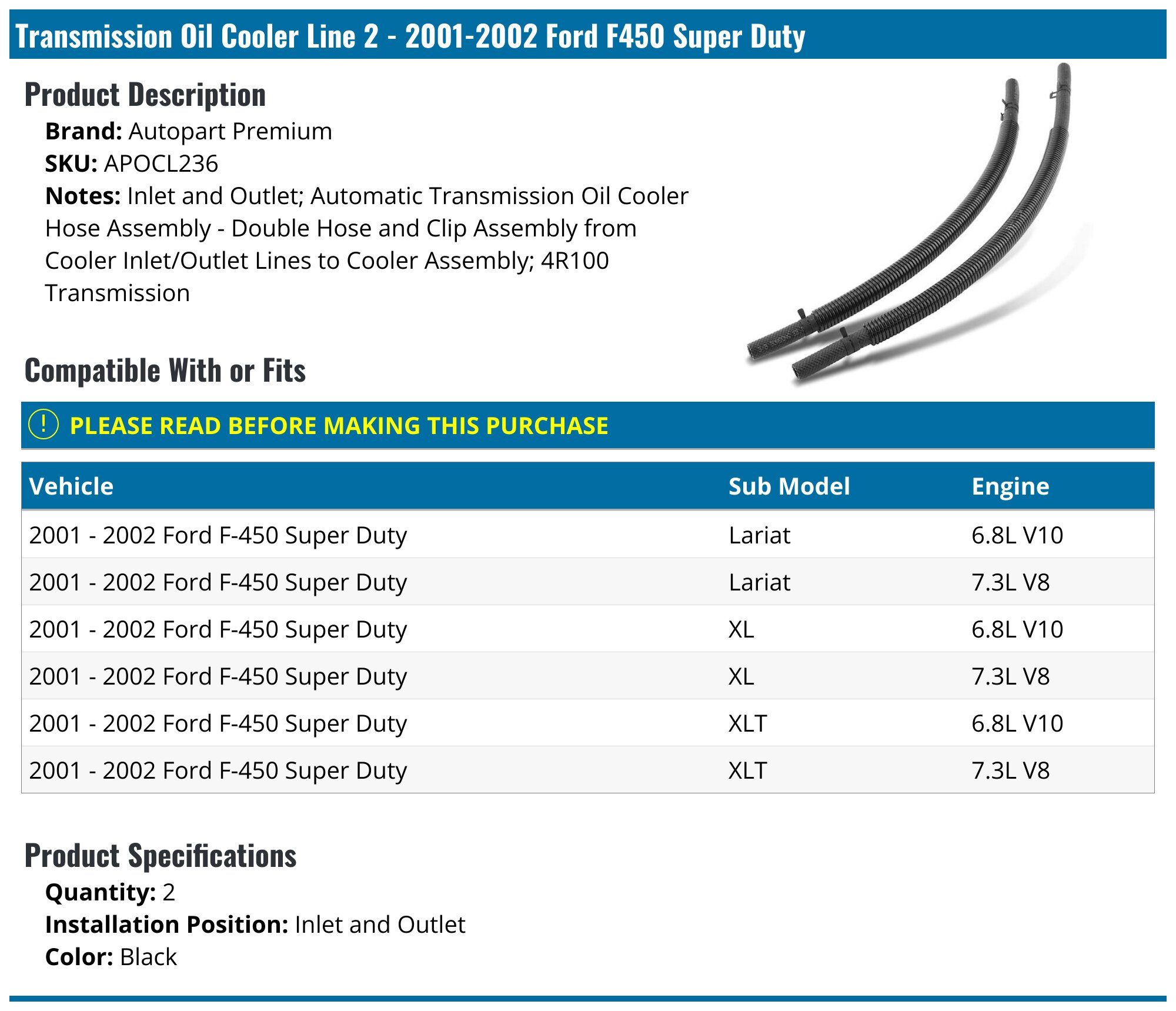 2001-2002 Ford F450 Super Duty Transmission Oil Cooler Line - Autopart ...