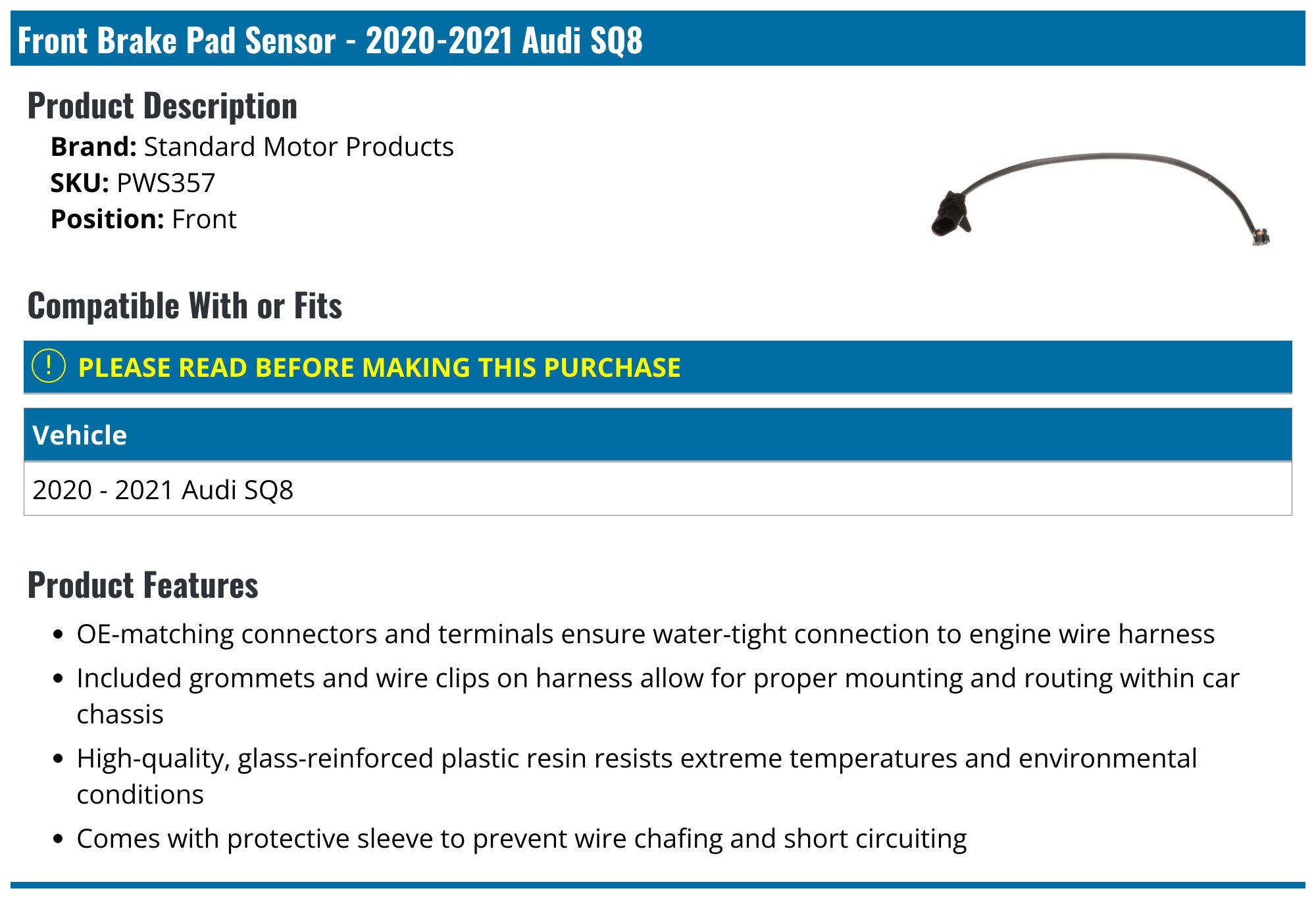 2020-2021 Audi SQ8 Brake Pad Sensor - Standard Motor Products PWS357 ...