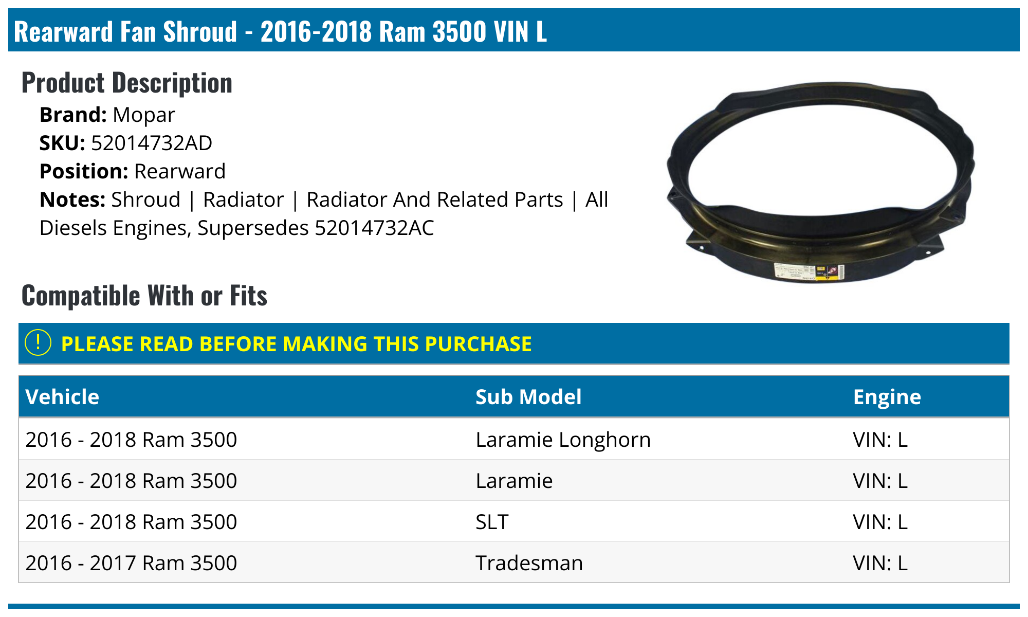 2016-2018 Ram 3500 Fan Shroud - Mopar 52014732AD - Rearward - PartsGeek.com