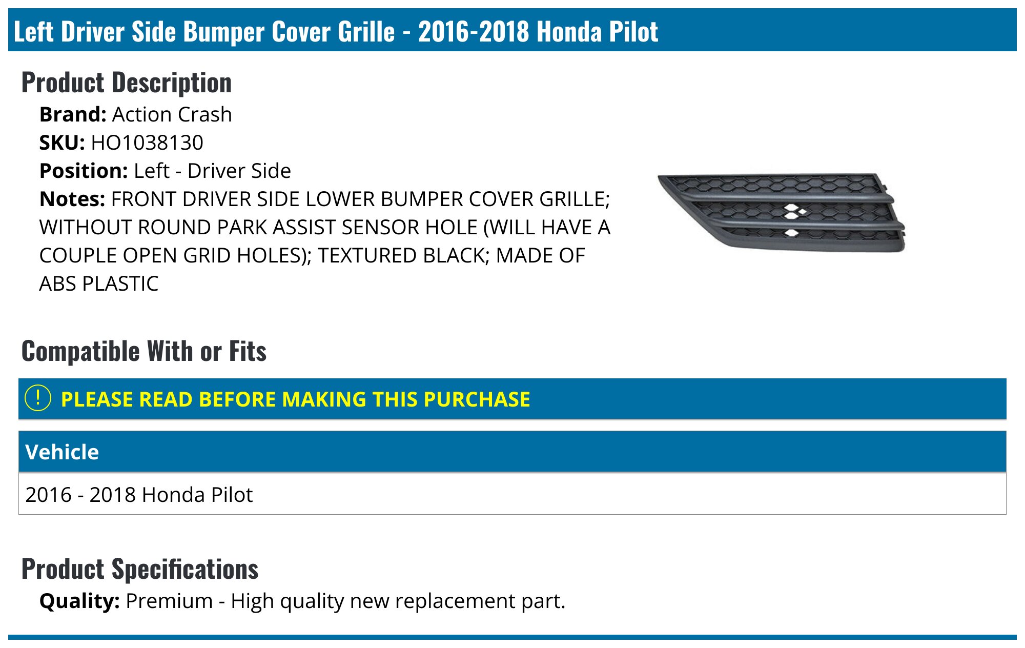2016-2018 Honda Pilot Bumper Cover Grille - Action Crash HO1038130 ...