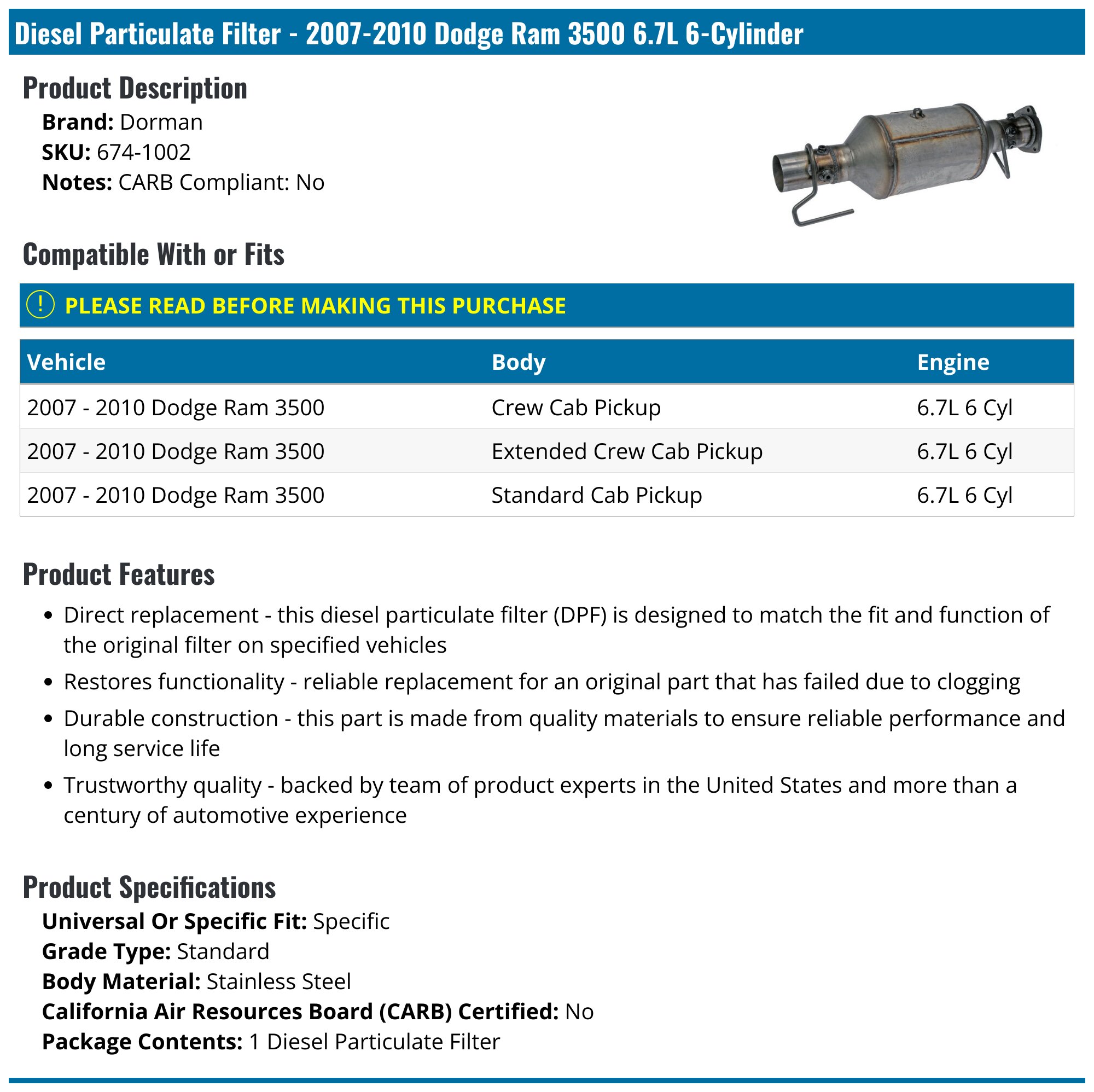 2007-2010 Dodge Ram 3500 Diesel Particulate Filter - Dorman 674-1002 ...