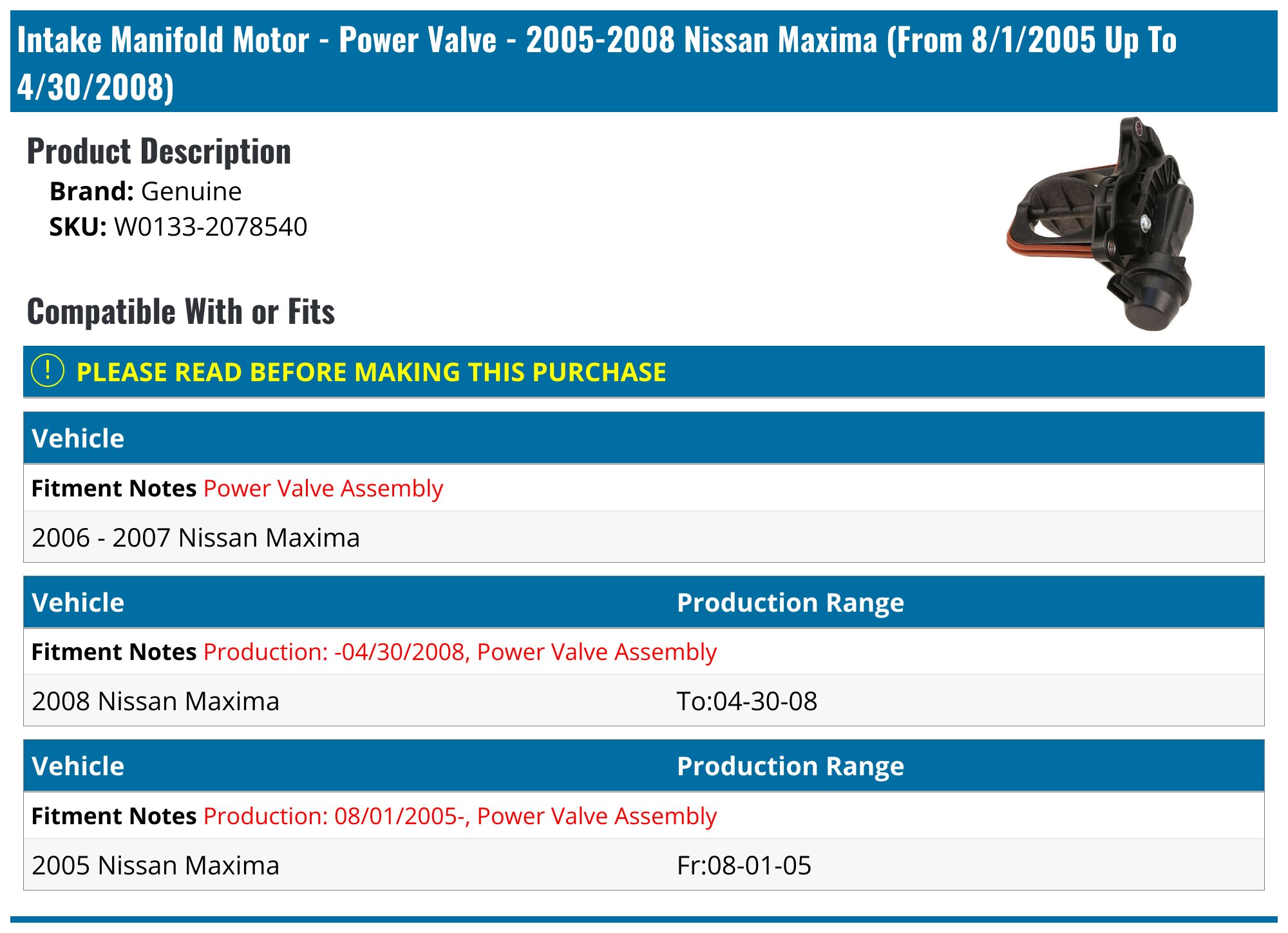 2005-2008 Nissan Maxima Intake Manifold Motor - Genuine W0133-2078540 ...