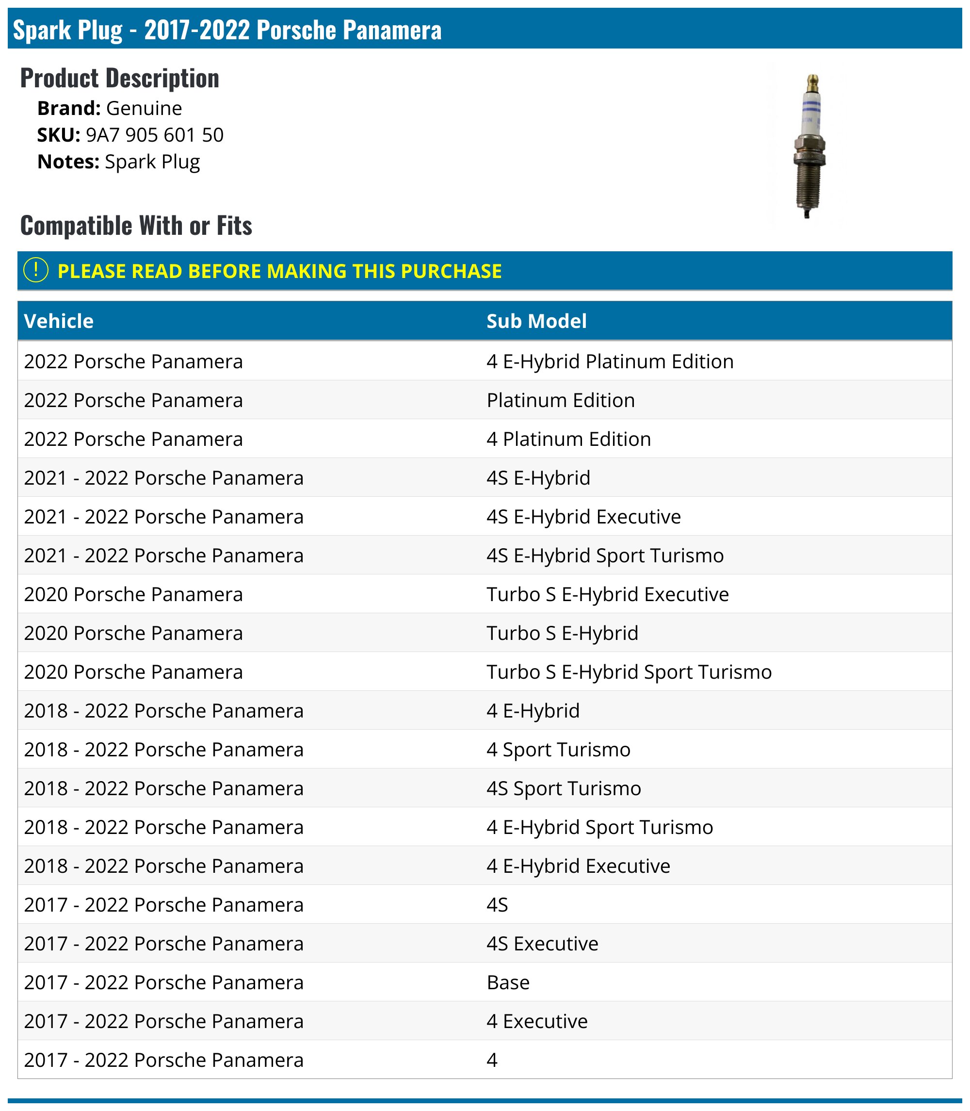 2017-2024 Porsche Panamera Spark Plug - Genuine 9A7 905 601 50 ...