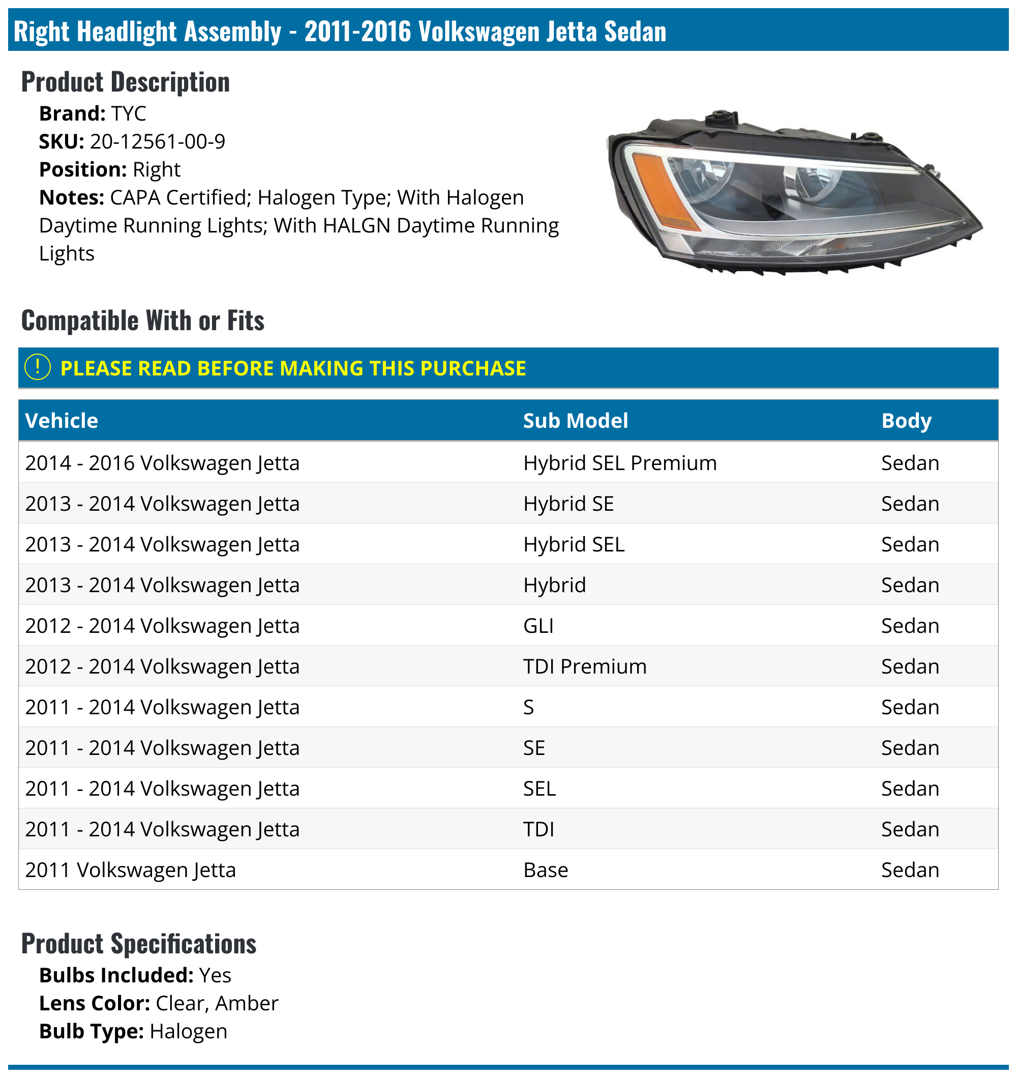 2011-2016 Volkswagen Jetta Headlight Assembly - TYC 20-12561-00-9 ...