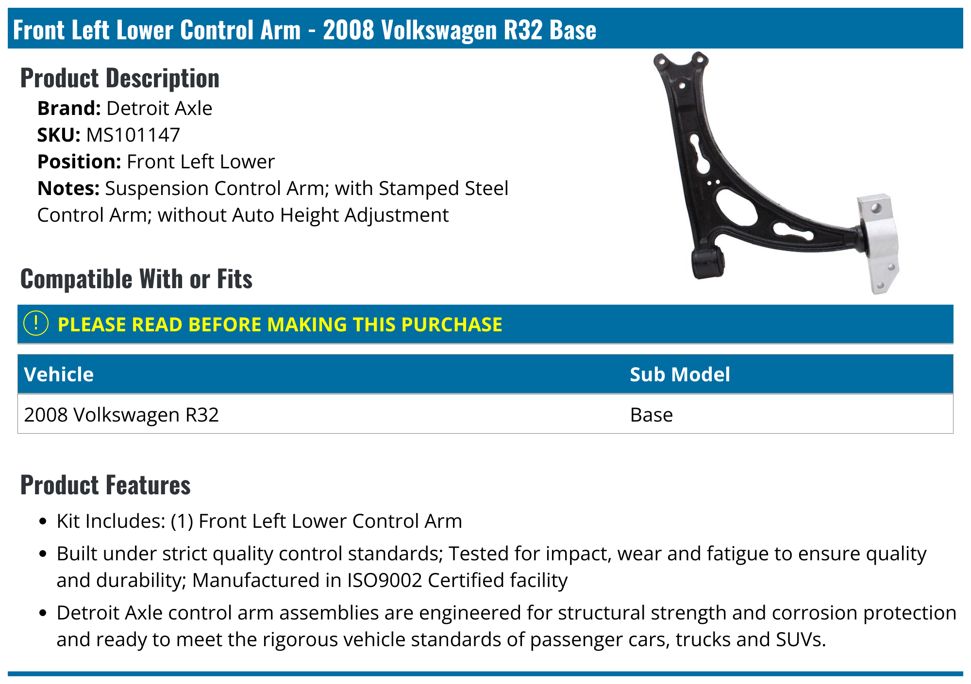 2008 Volkswagen R32 Control Arm - Detroit Axle MS101147 - Front Left ...
