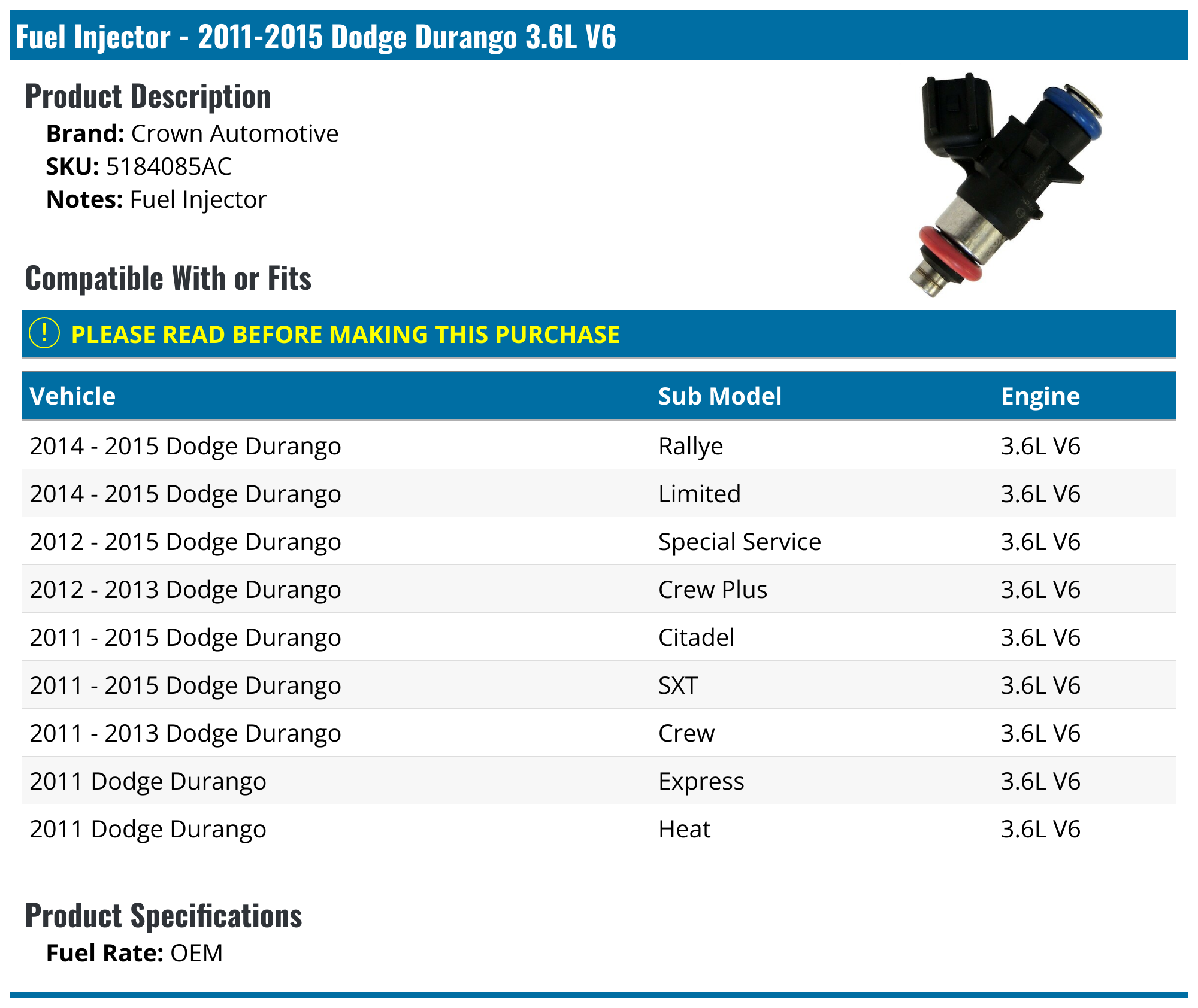2011-2015 Dodge Durango Fuel Injector - Crown Automotive 5184085AC ...
