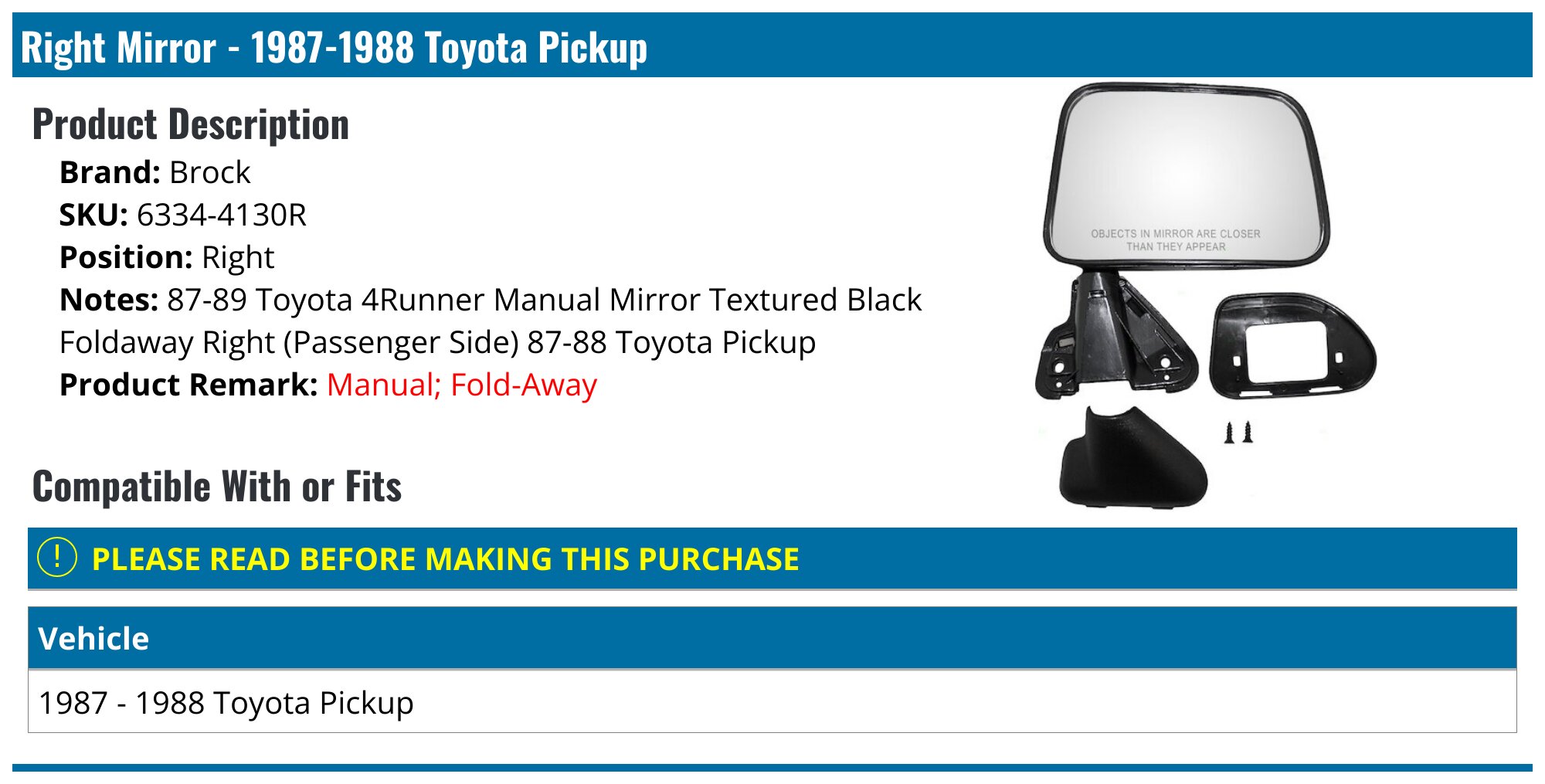 1987-1988 Toyota Pickup Mirror - Brock 6334-4130R - Right - PartsGeek.com