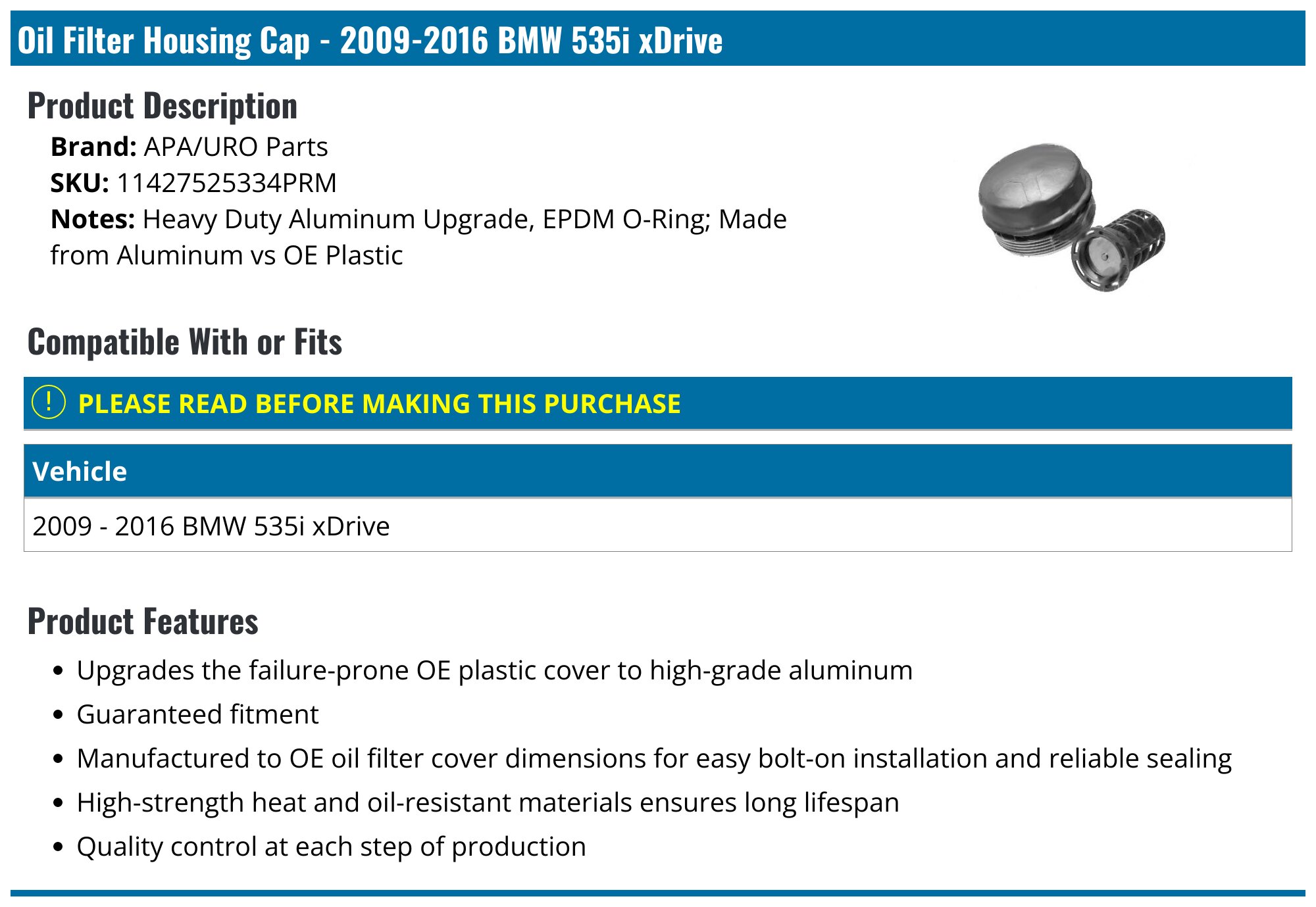 2009-2016 BMW 535i xDrive Oil Filter Housing Cap - APA/URO Parts ...