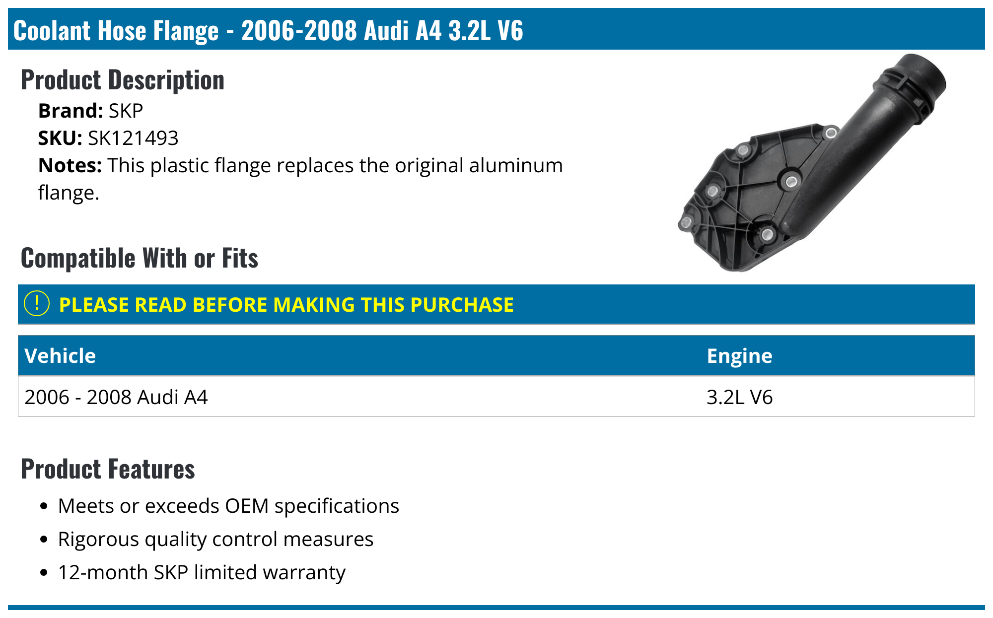 2006-2008 Audi A4 Coolant Hose Flange - SKP SK121493 - PartsGeek.com