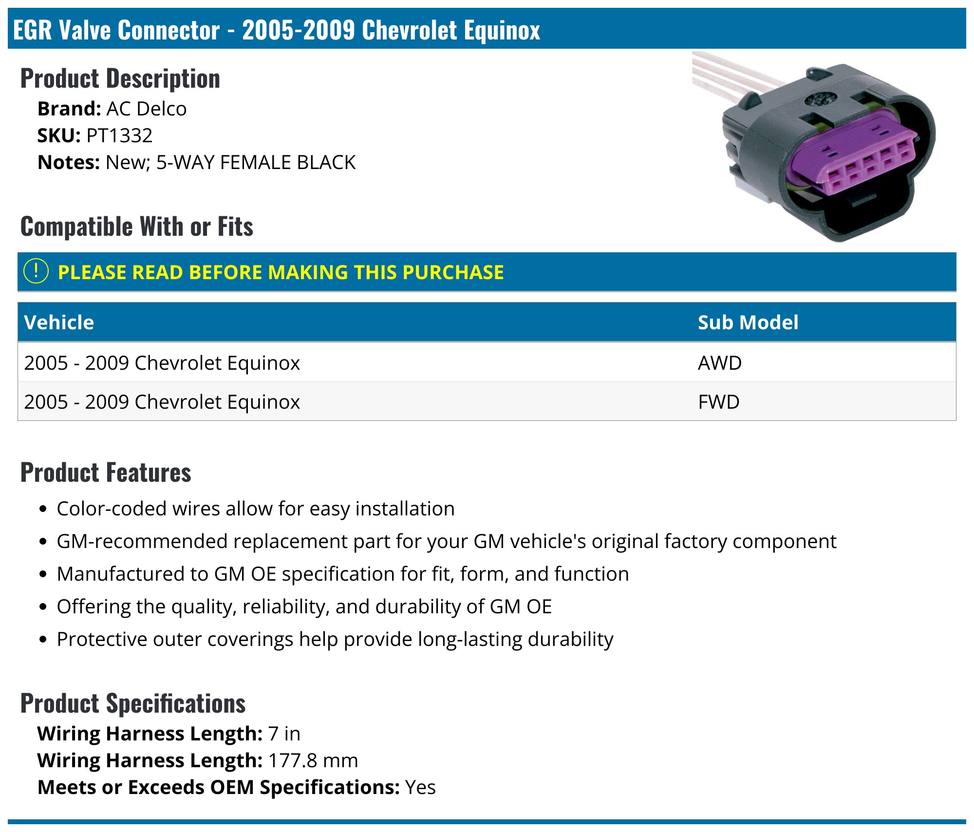 2005-2009 Chevrolet Equinox EGR Valve Connector - AC Delco PT1332 ...