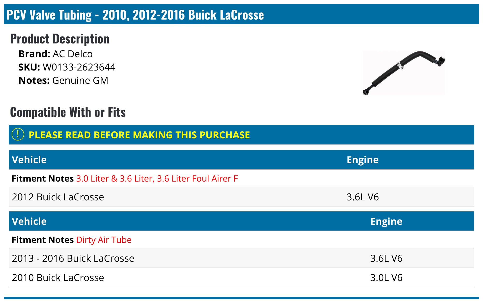 2010 2013 2016 Buick Lacrosse Pcv Hose Ac Delco W0133 2623644