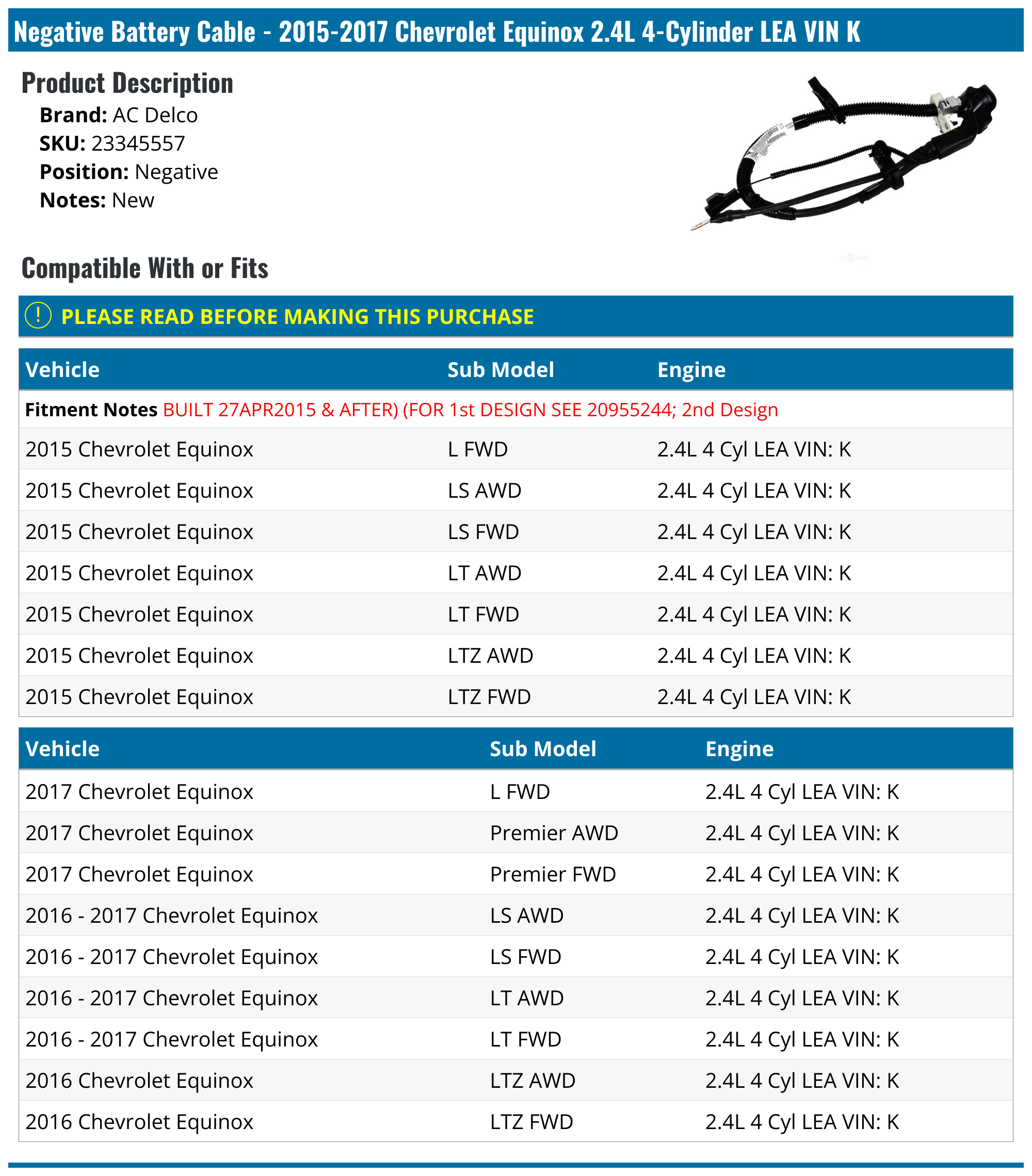 2015-2017 Chevrolet Equinox Battery Cable - AC Delco 23345557 ...