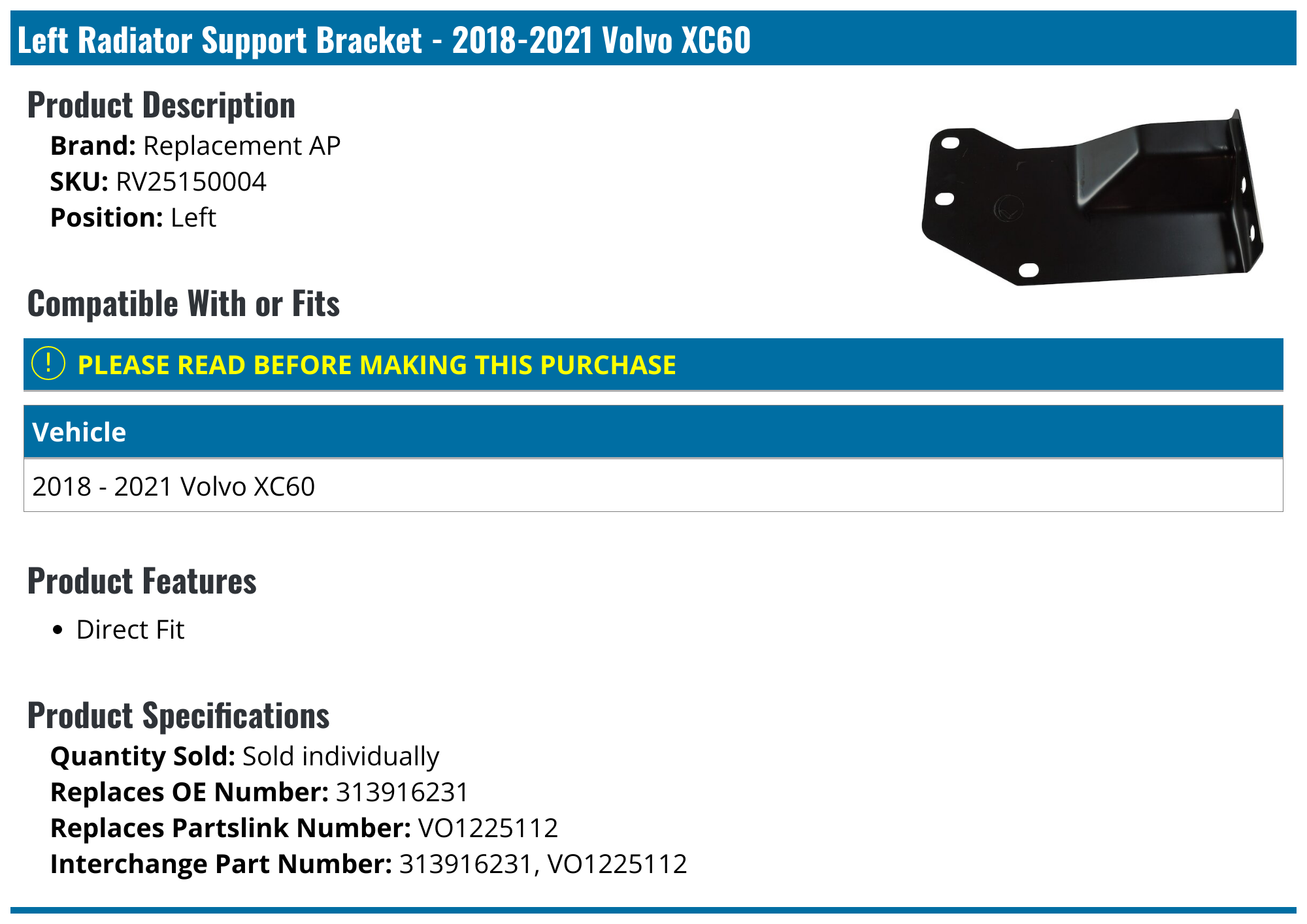 2018-2023 Volvo XC60 Radiator Support Bracket - Replacement AP ...
