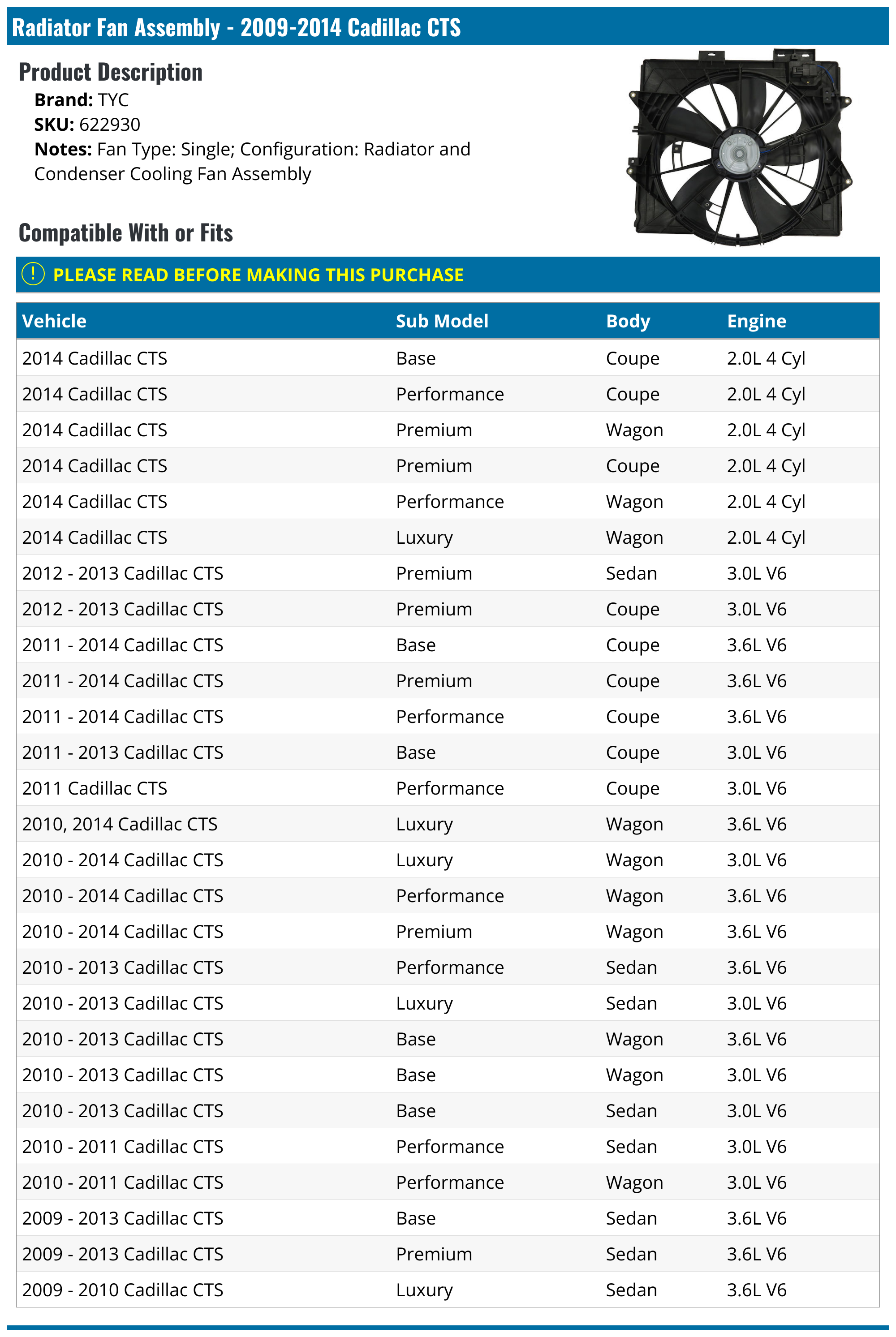 2009-2014 Cadillac CTS Radiator Fan Assembly - TYC 622930 - PartsGeek.com