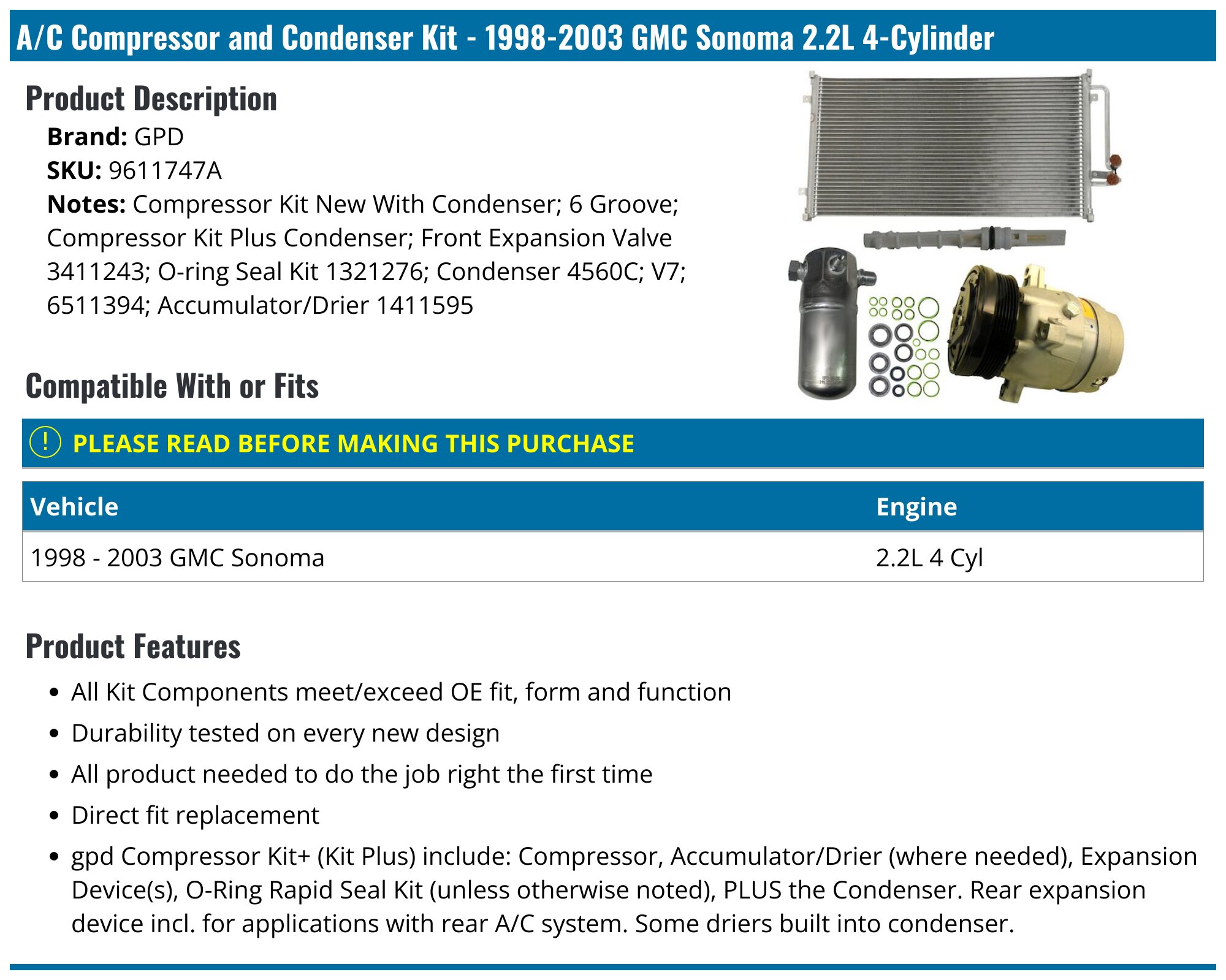 1998-2003 GMC Sonoma A/C Compressor - GPD 9611747A - PartsGeek.com