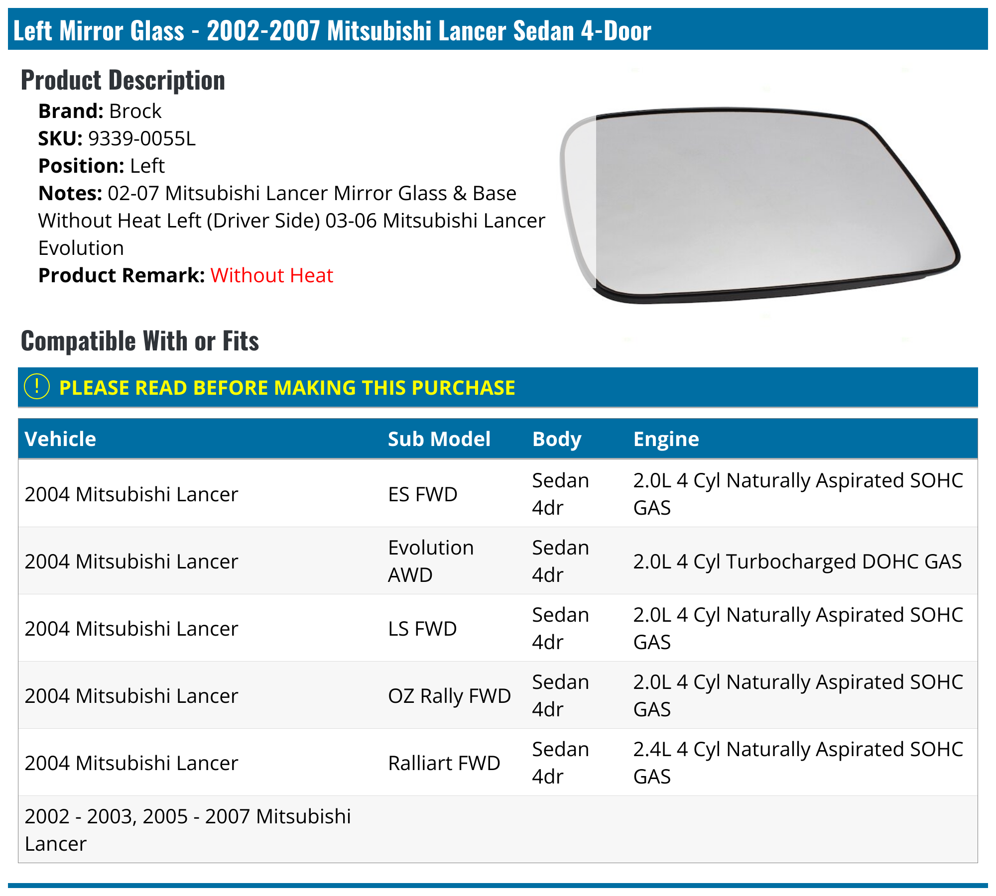 2002-2007 Mitsubishi Lancer Door Mirror Glass - Brock 9339-0055L - Left ...