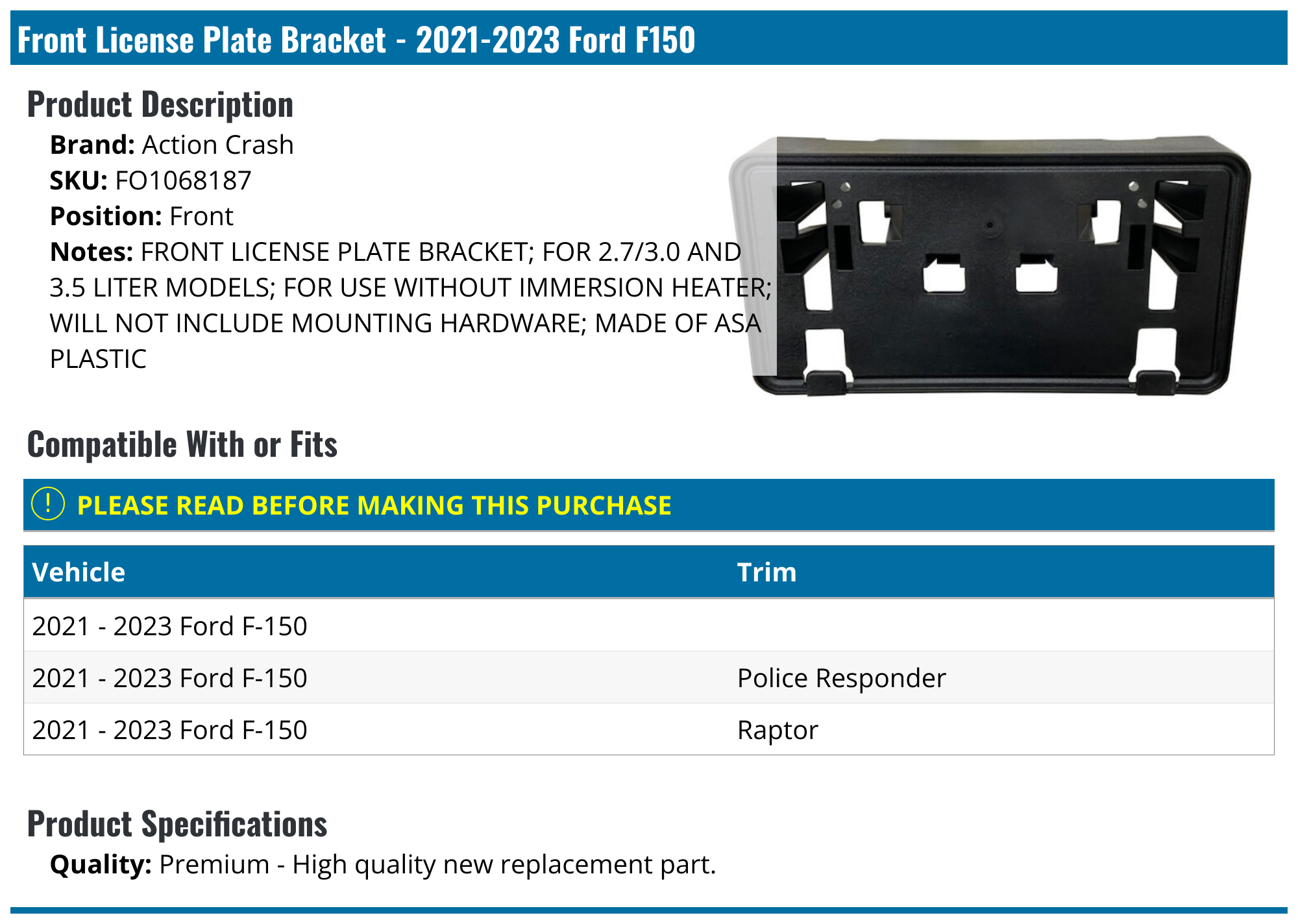 2021-2023 Ford F150 License Plate Bracket - Action Crash FO1068187 ...