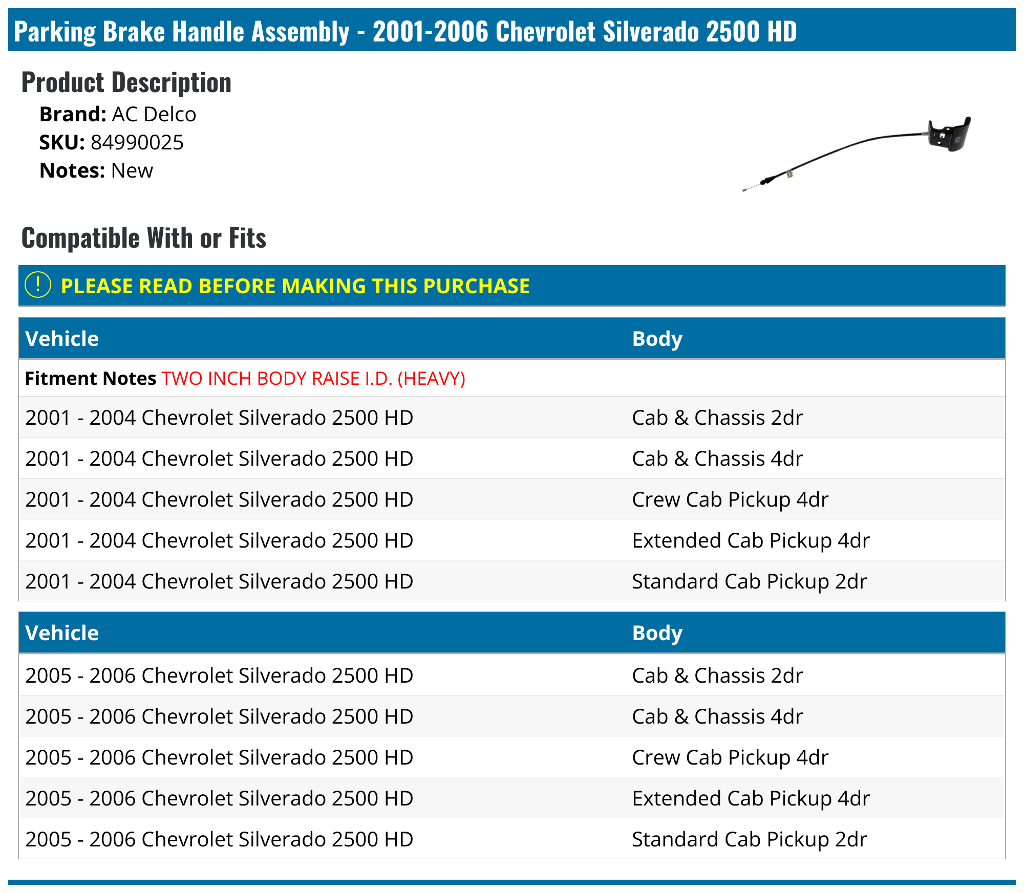 2001-2006 Chevrolet Silverado 2500 HD Parking Brake Handle Assembly ...