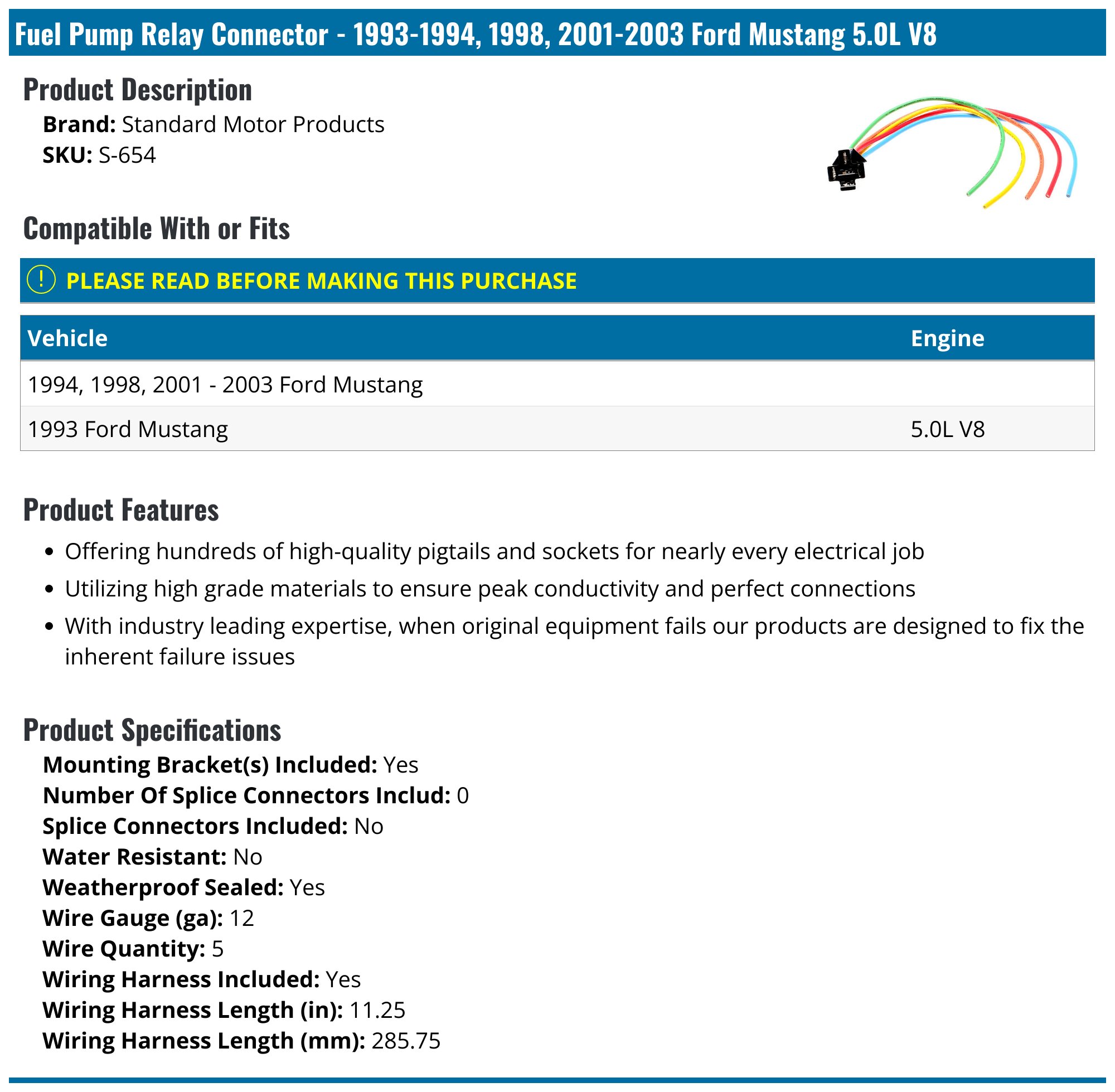 1993-1994, 1998, 2001-2003 Ford Mustang Fuel Pump Relay Connector ...