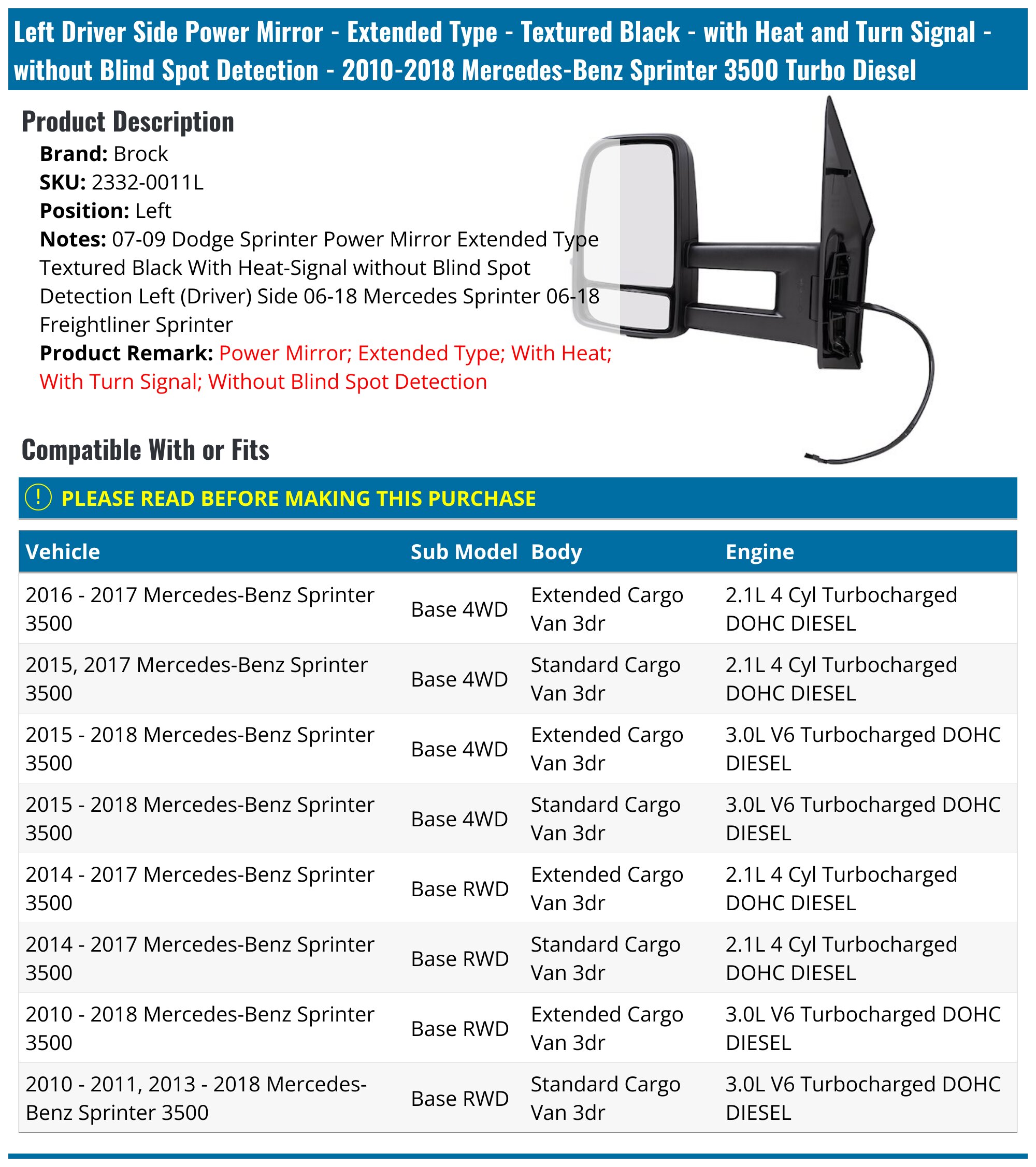 2010-2018 Mercedes Sprinter 3500 Mirror - Brock 2332-0011L - Left ...