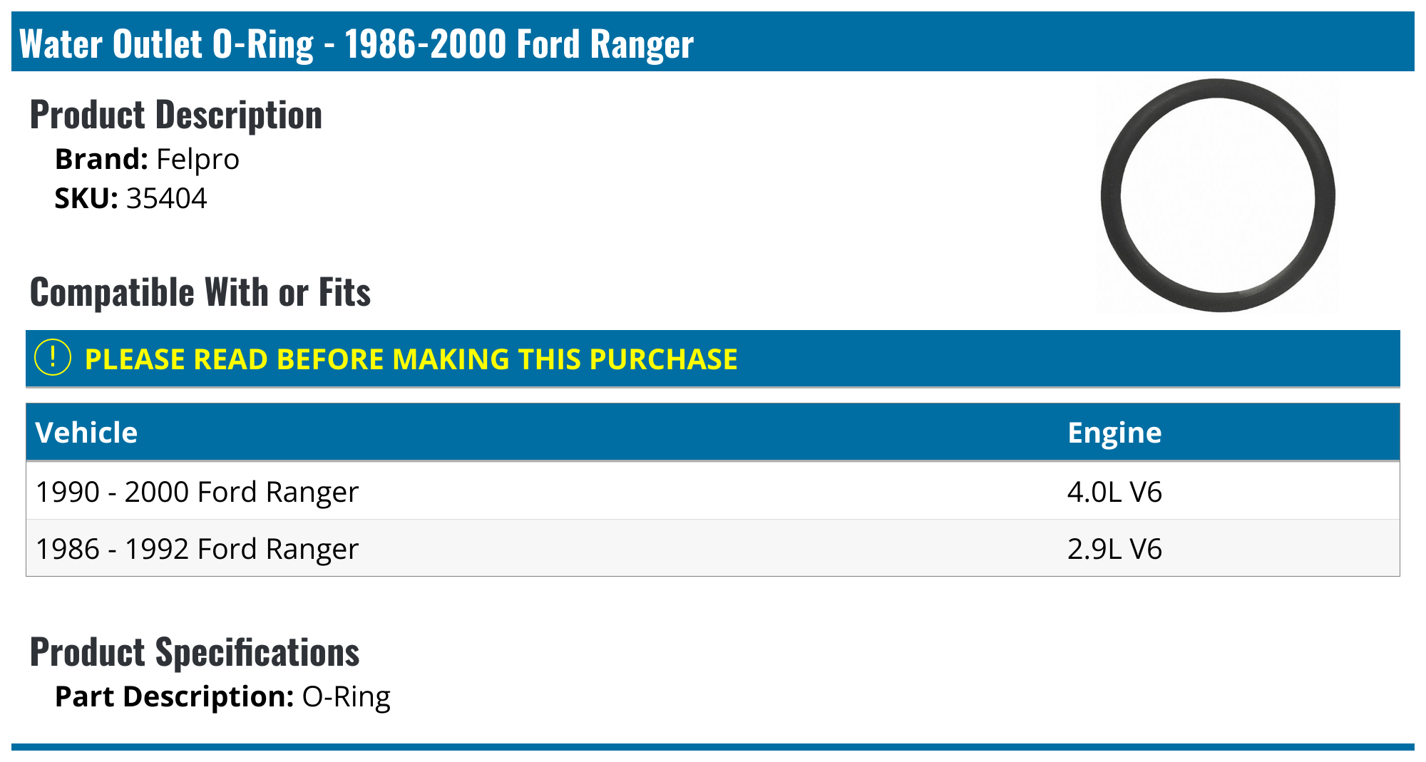 1986-2000 Ford Ranger Water Outlet O-Ring - Felpro 35404 - PartsGeek.com