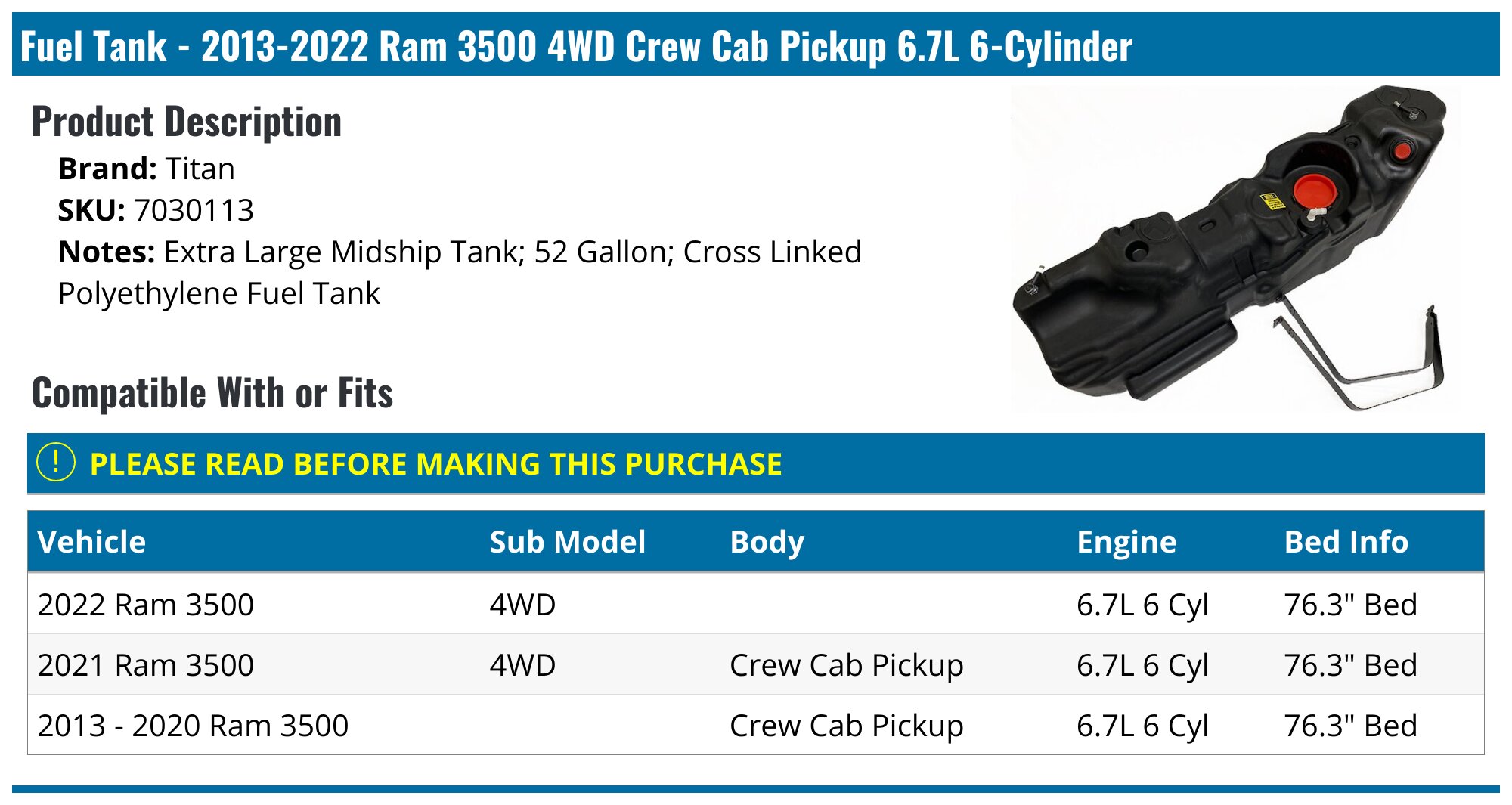 2013-2024 Ram 3500 Fuel Tank - Titan 7030113 - Rear - PartsGeek.com