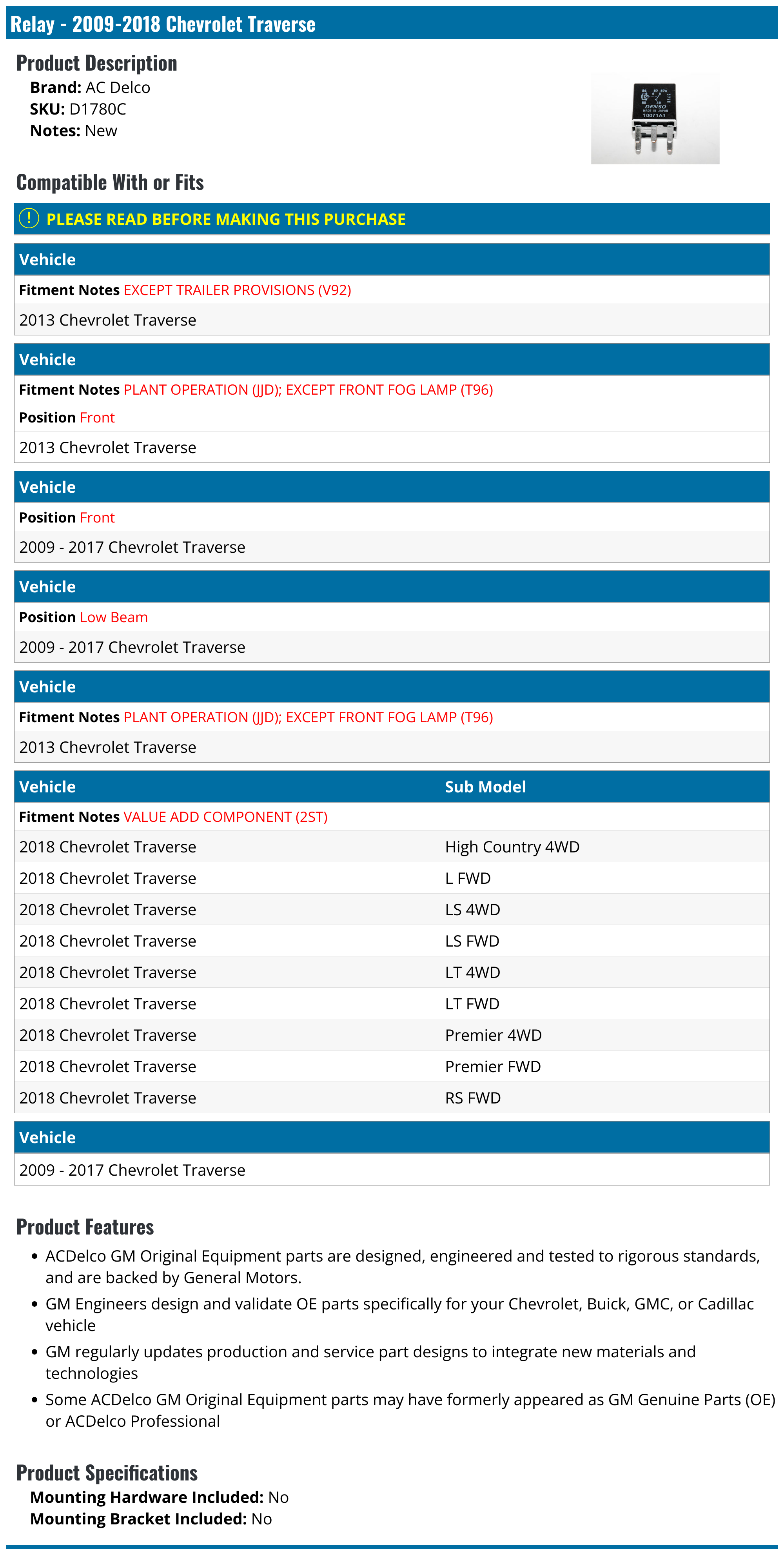 2009-2018 Chevrolet Traverse Relay - AC Delco D1780C - Front ...