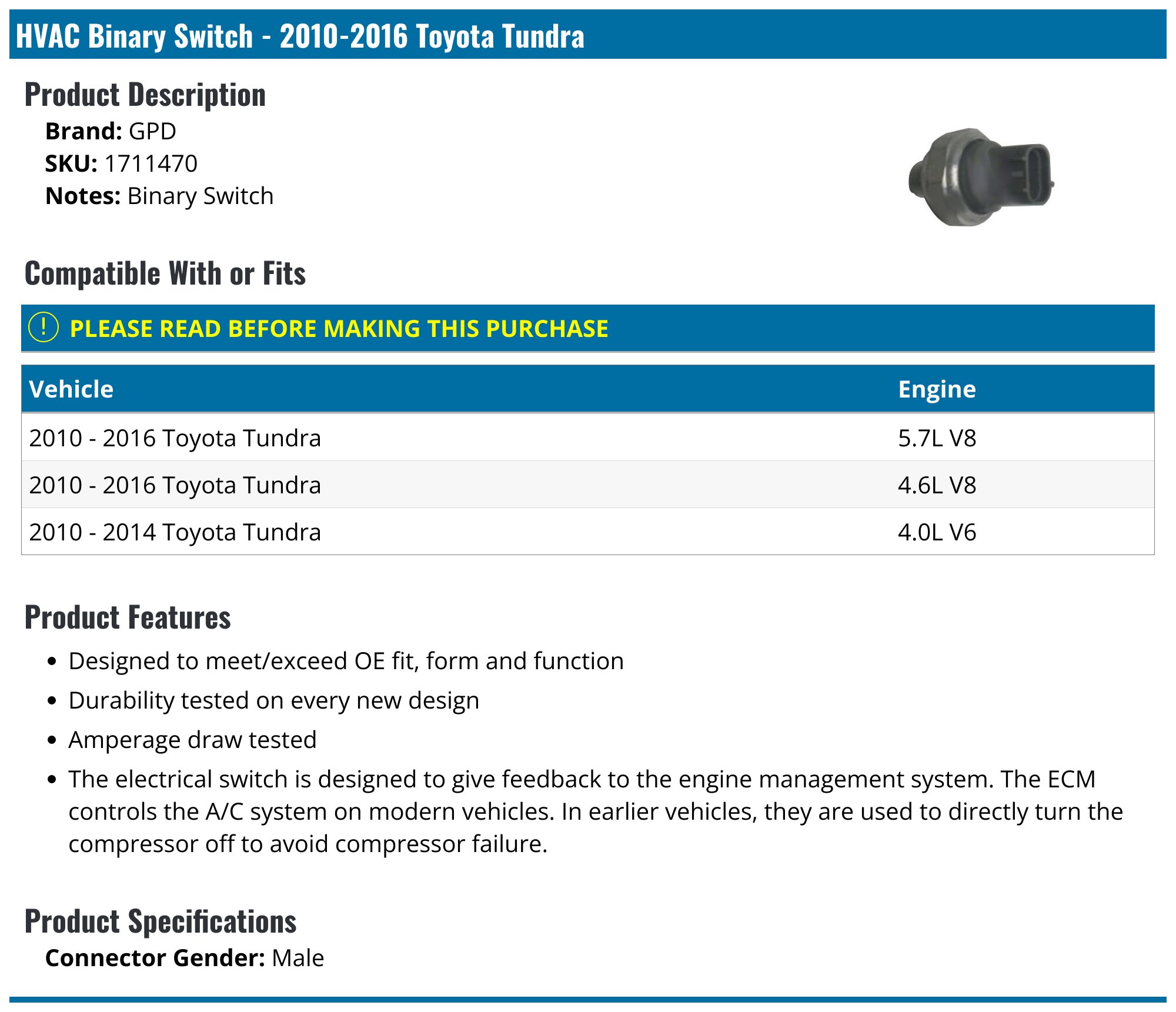 2010-2016 Toyota Tundra HVAC Binary Switch - GPD 1711470 - PartsGeek.com