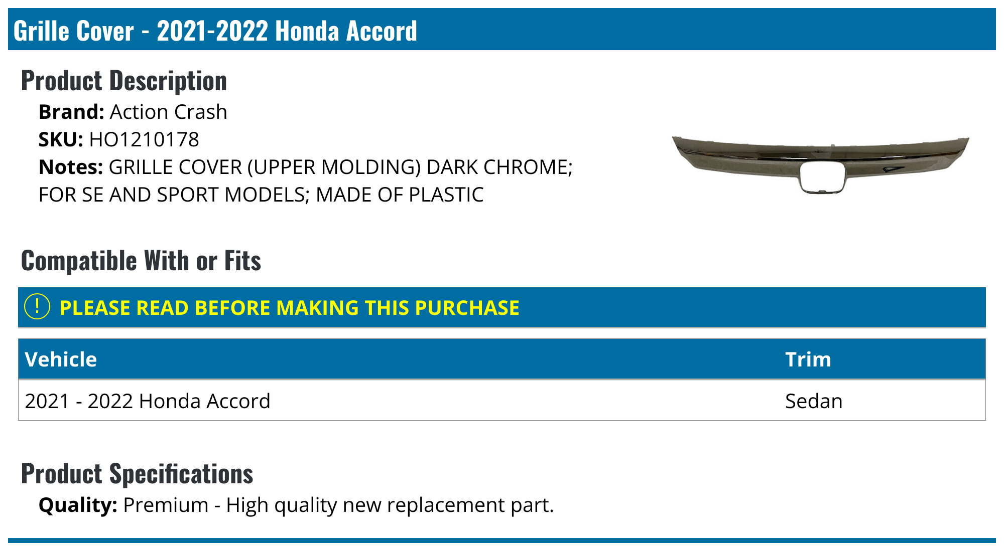 2021-2022 Honda Accord Grille Cover - Action Crash HO1210178 ...