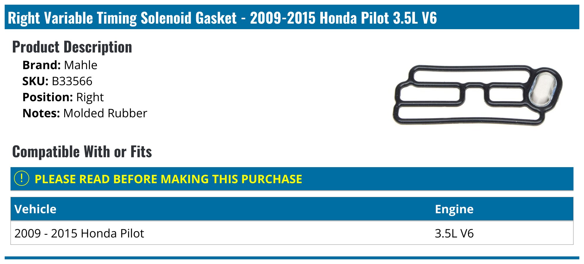 2009-2015 Honda Pilot Variable Timing Solenoid Gasket - Mahle B33566 ...