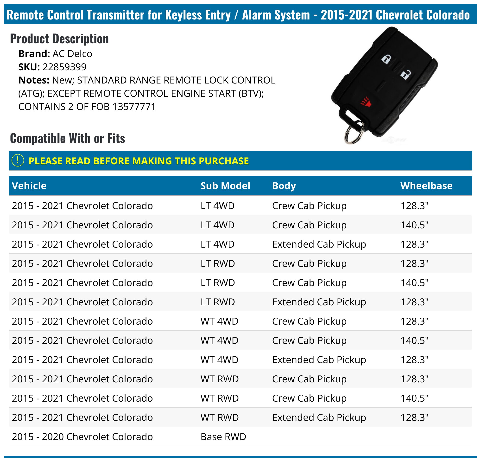 2015-2021 Chevrolet Colorado Remote Control Transmitter for Keyless ...